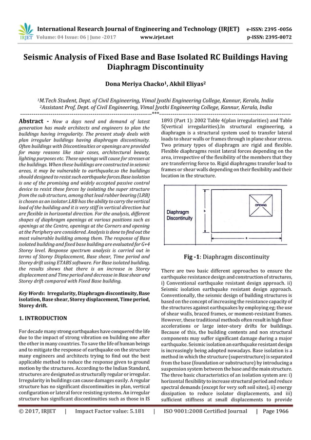 Seismic Analysis of Fixed Base and Base Isolated RC Buildings Having Diaphragm Discontinuity | PDF