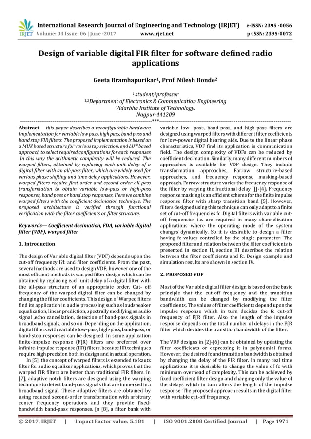Design of Variable Digital FIR Filter for Software Defined Radio Applications | PDF | Digital ...