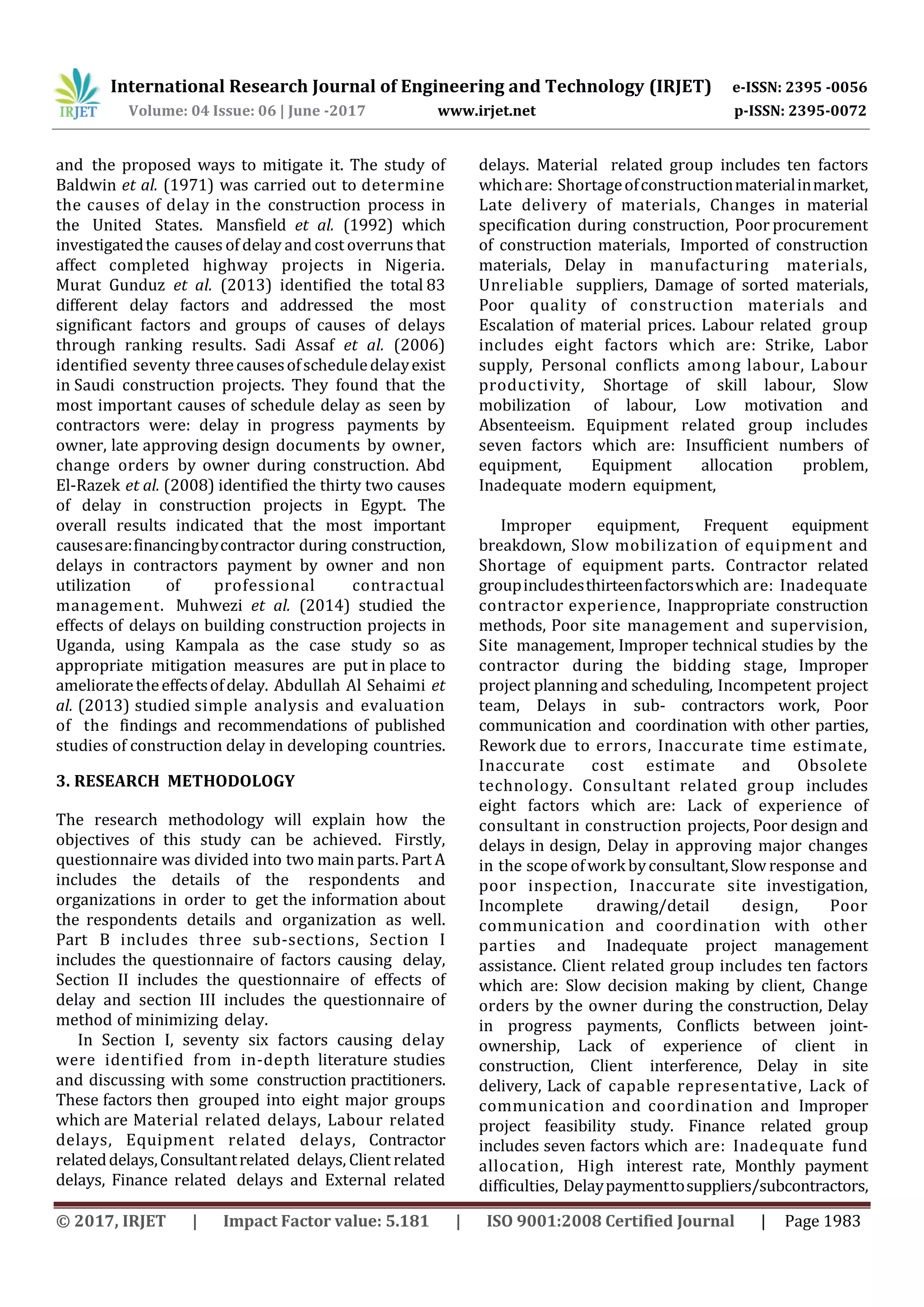 Delay Analysis in Industrial Projects by using Relative Importance Index Method | PDF
