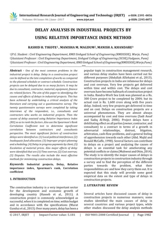 Delay Analysis in Industrial Projects by using Relative Importance Index Method | PDF