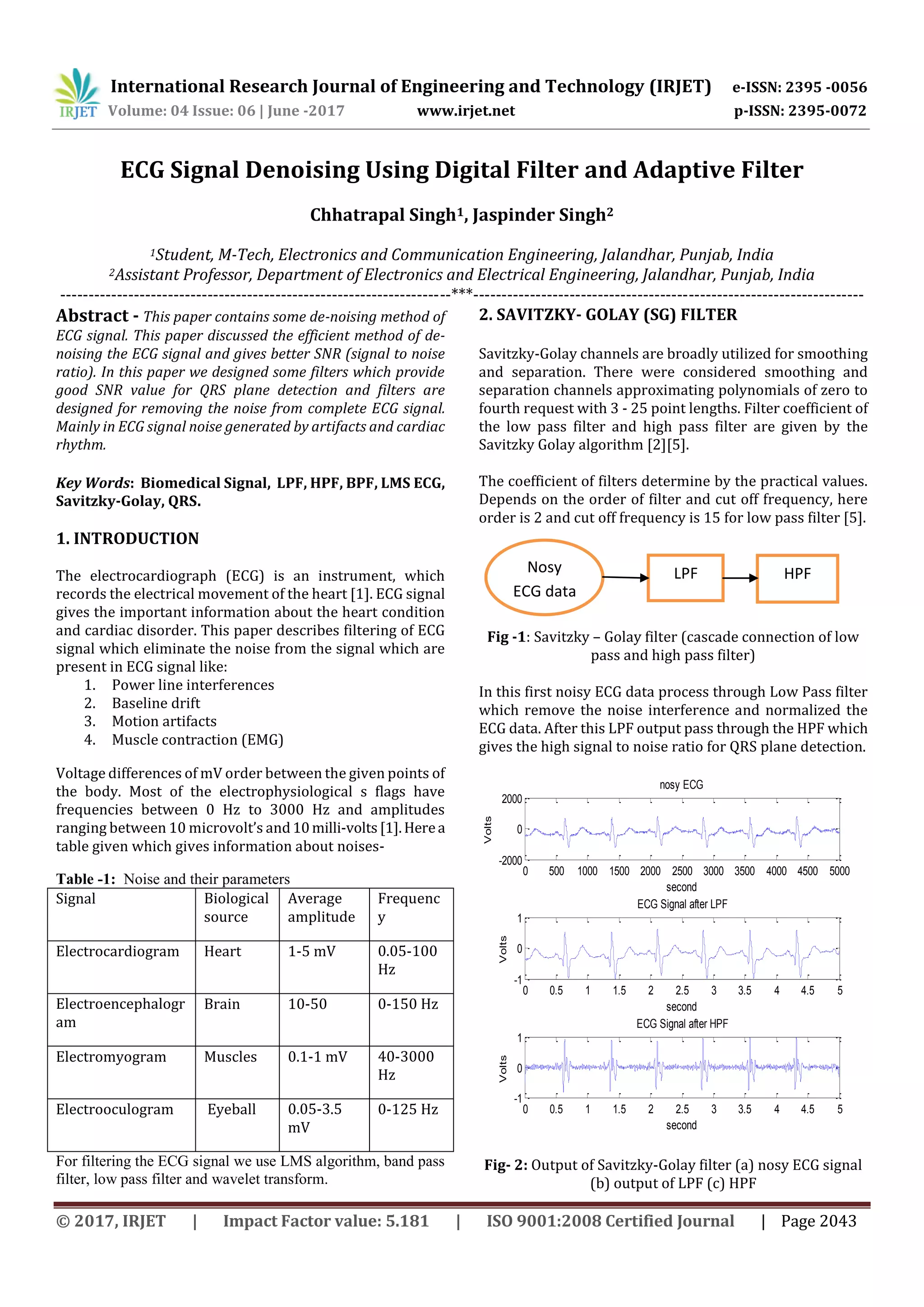 Ecg Signal Denoising Using Digital Filter And Adaptive Filter Pdf