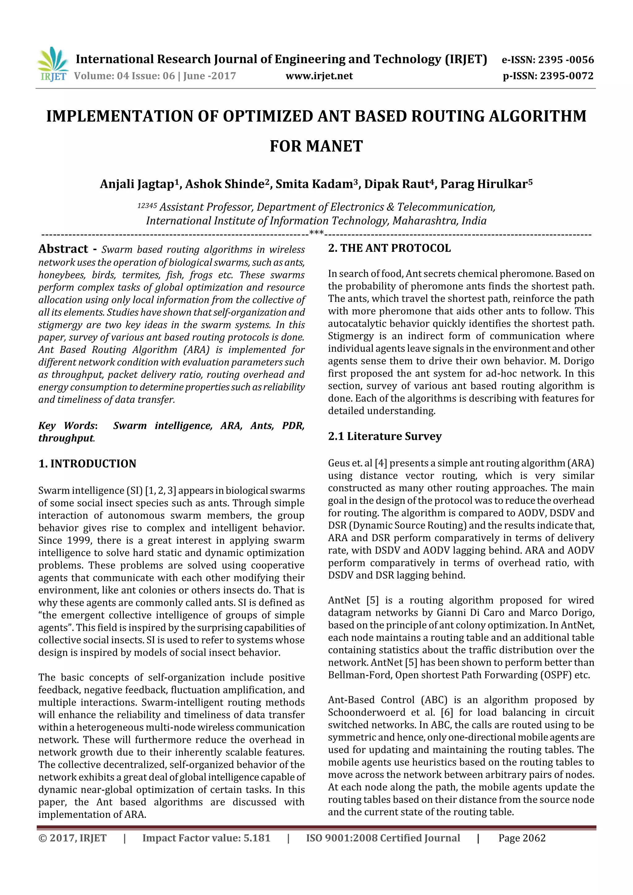 Implementation Of Optimized Ant Based Routing Algorithm For Manet Pdf