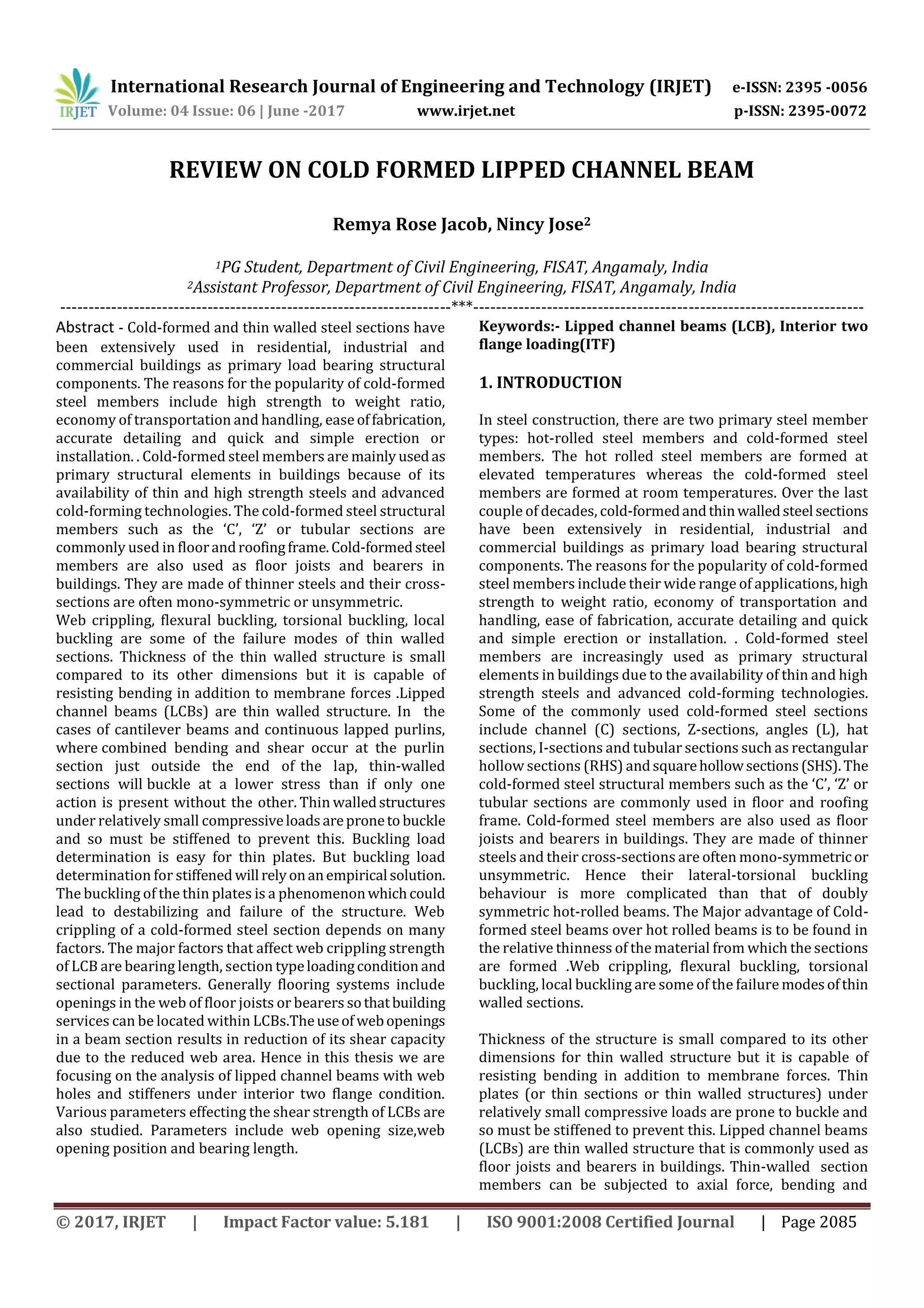 Review on Cold Formed Lipped Channel Beam | PDF