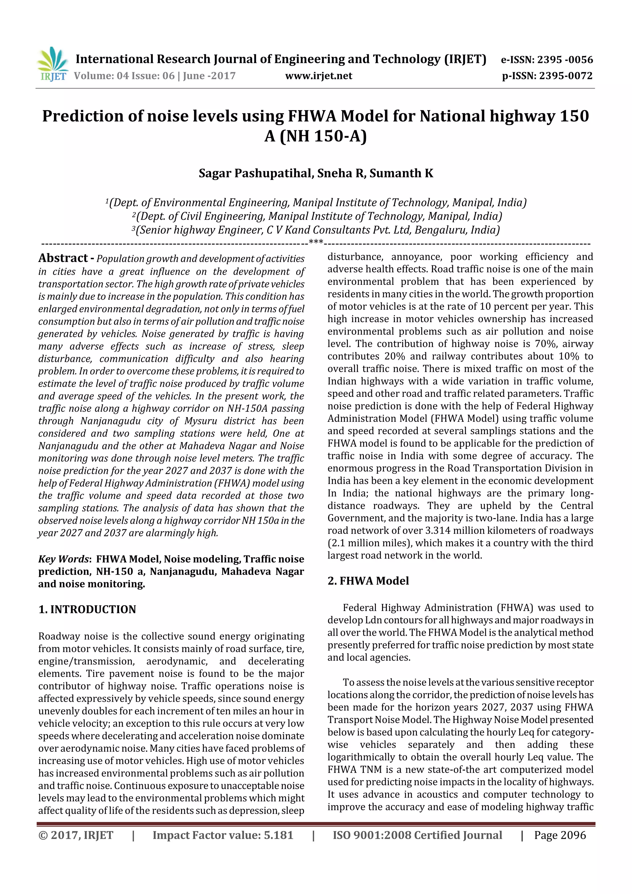 Prediction of Noise Levels using FHWA Model for National highway 150 A (NH 150-A) | PDF