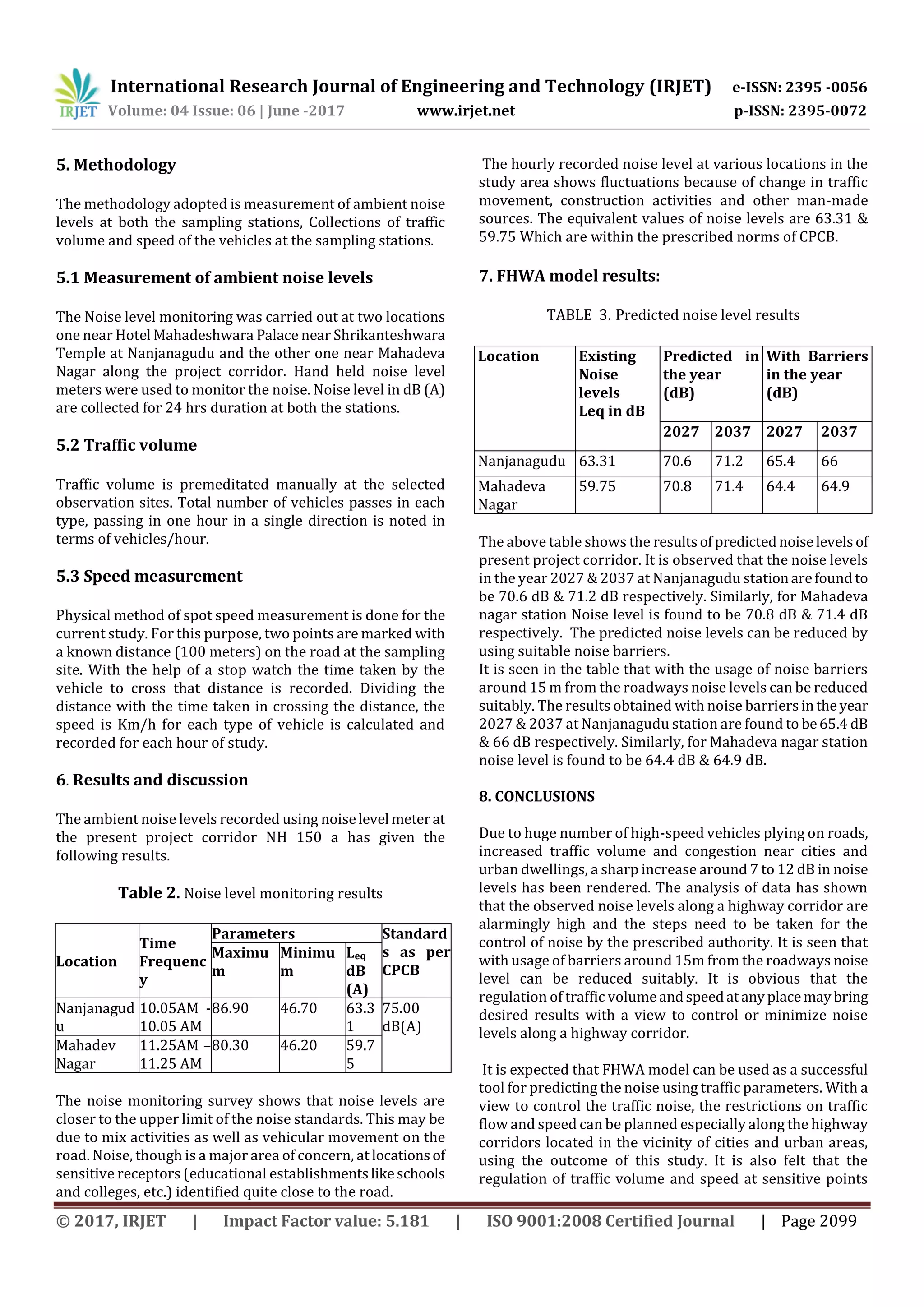 Prediction of Noise Levels using FHWA Model for National highway 150 A ...