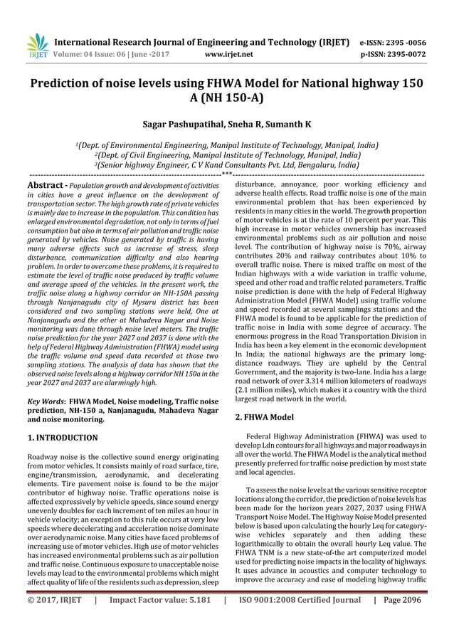 Prediction of Noise Levels using FHWA Model for National highway 150 A (NH 150-A) | PDF