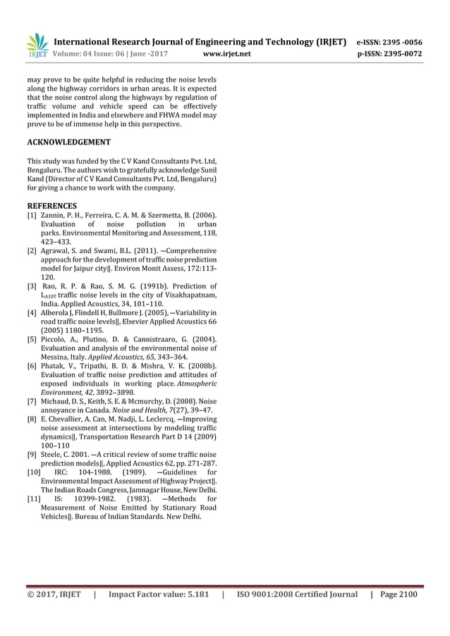 Prediction of Noise Levels using FHWA Model for National highway 150 A (NH 150-A) | PDF