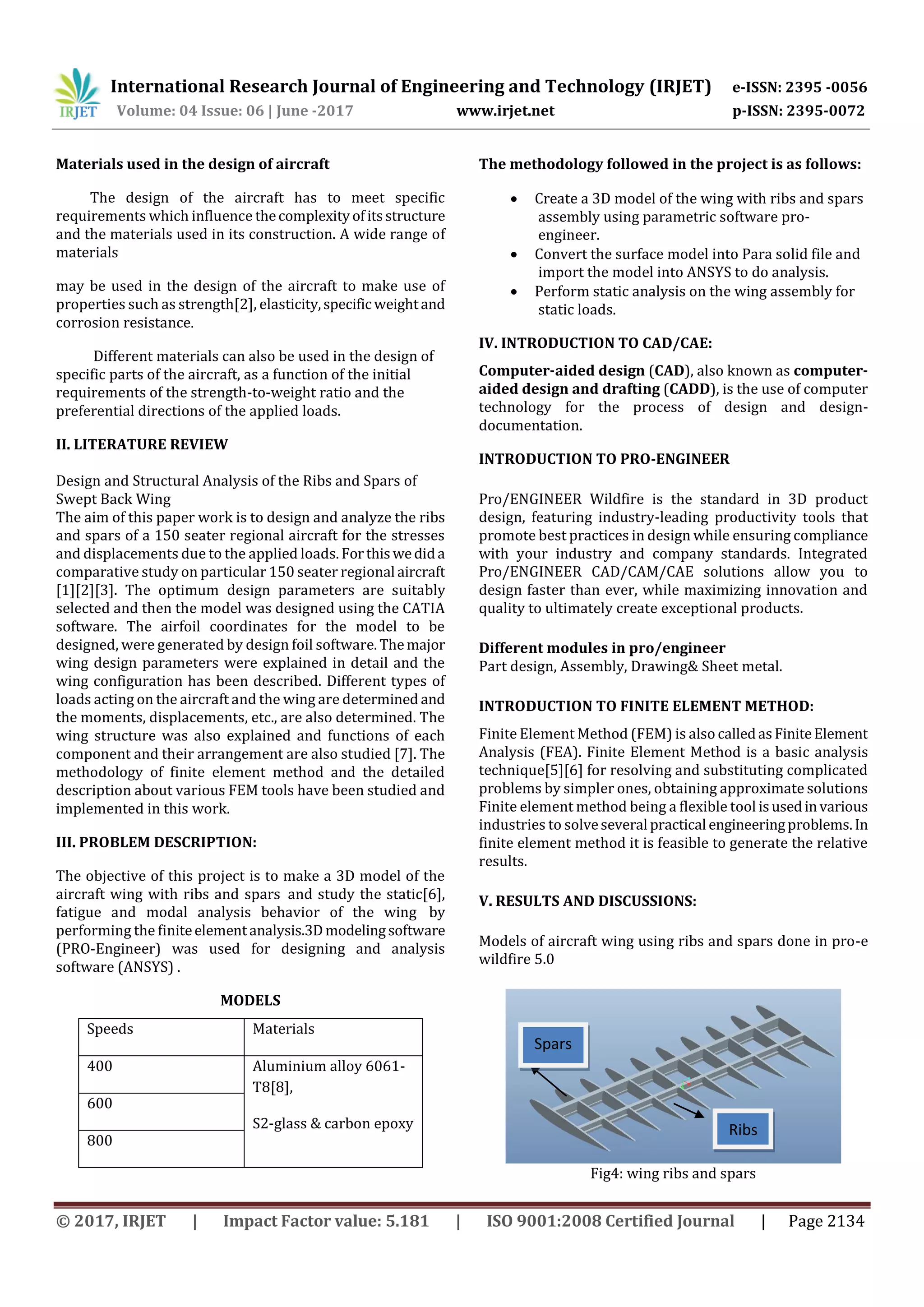 Design and Finite Element Analysis of Aircraft Wing using Ribs and Spars | PDF
