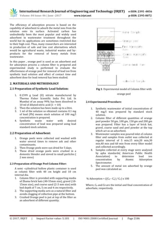 Removal of Lead from Synthetic Lead Solution by using Orange peel as a ...