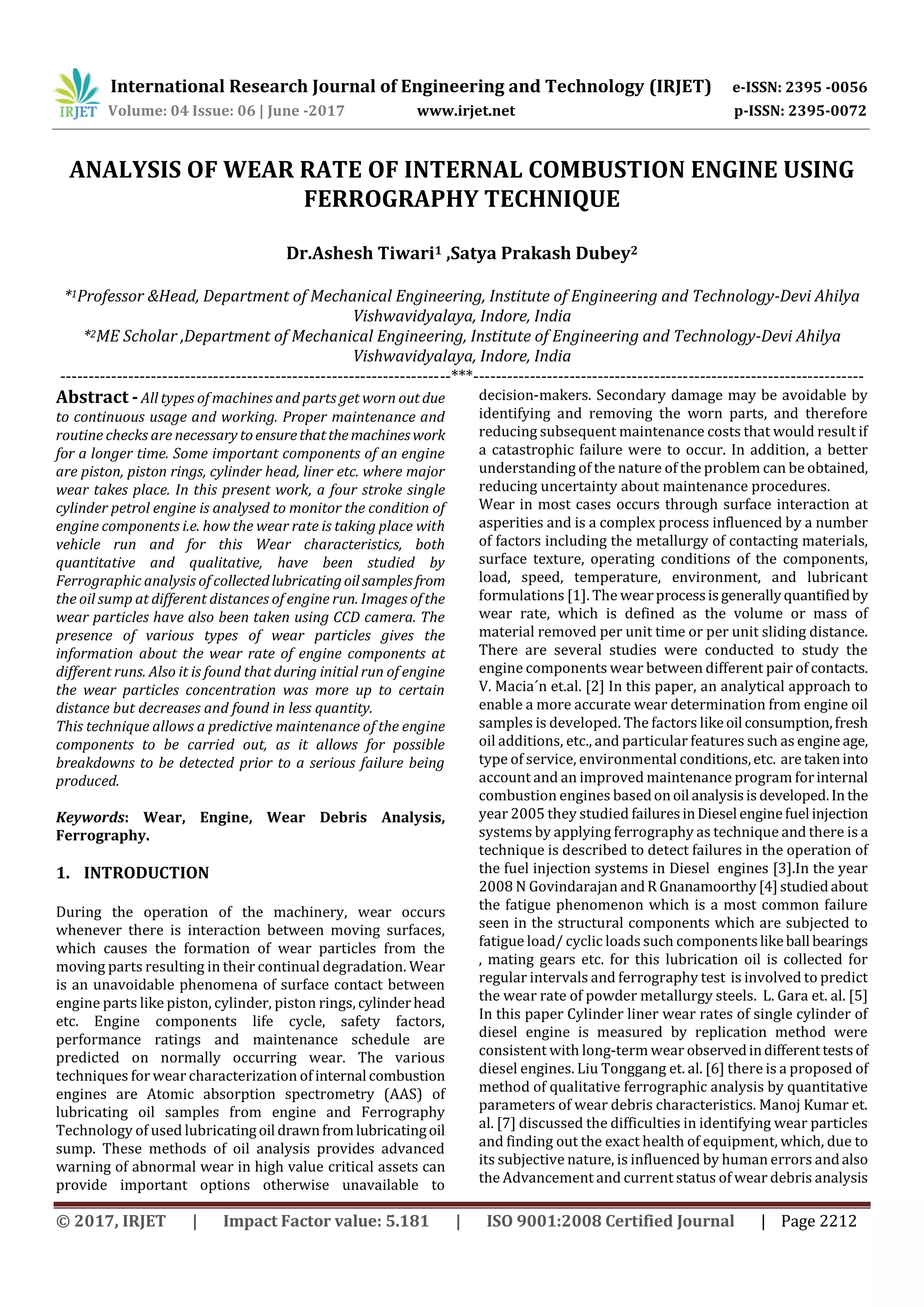 Analysis of Wear Rate of Internal Combustion Engine using Ferrography ...