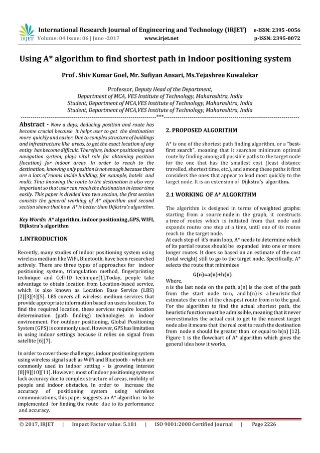 Using A Algorithm To Find Shortest Path In Indoor Positioning System Pdf Search Internet