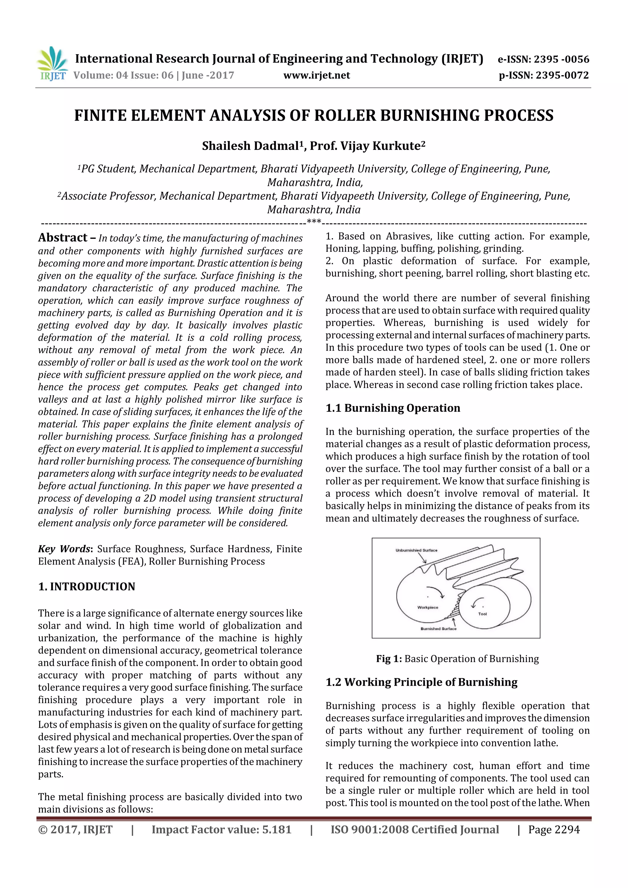 Finite Element Analysis of Roller Burnishing Process | PDF