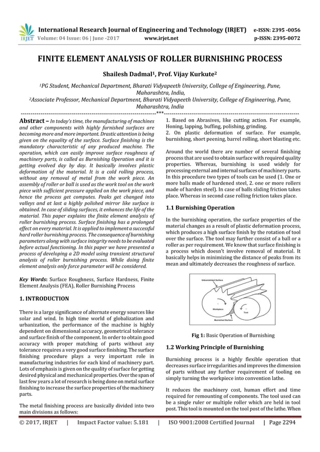 Finite Element Analysis of Roller Burnishing Process | PDF