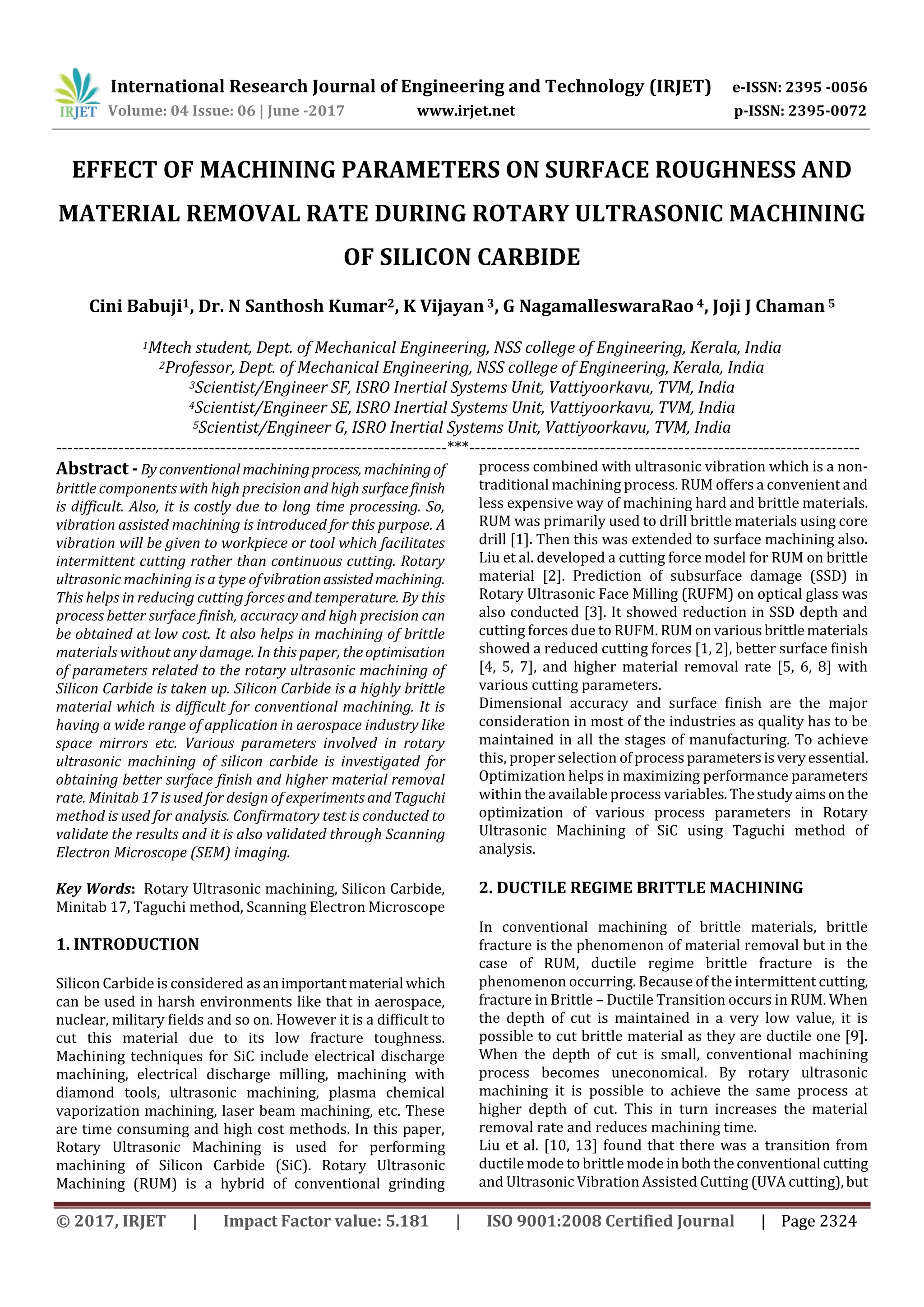 Effect Of Machining Parameters On Surface Roughness And Material