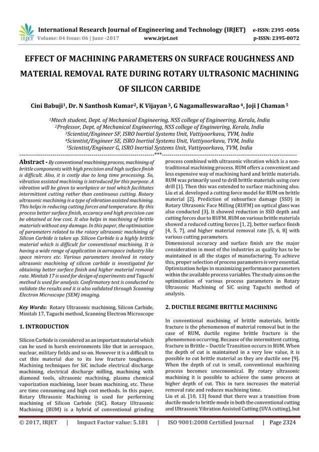 Effect of Machining Parameters on Surface Roughness and Material Removal Rate During Rotary ...