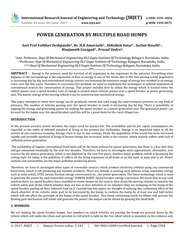 Power Generation by Multiple Road Humps | PDF | Power and Energy ...