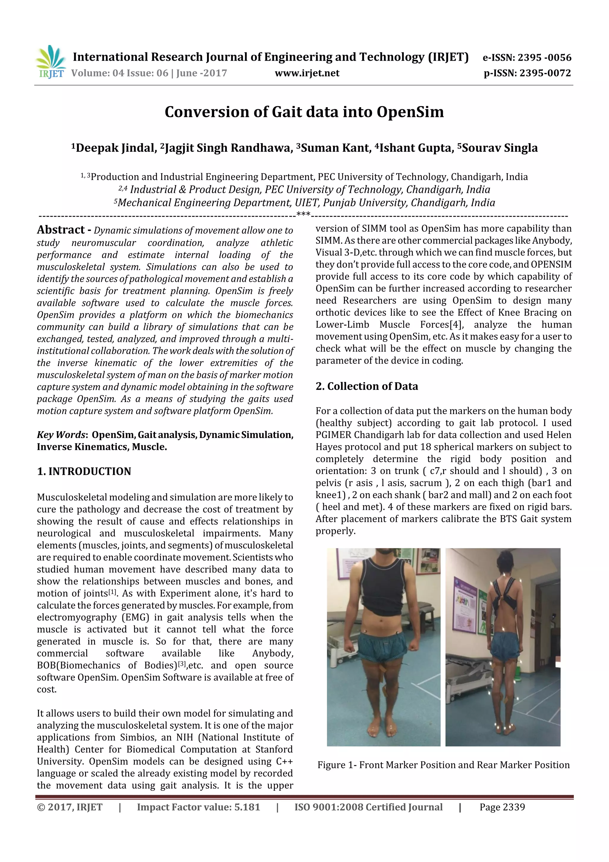 Conversion of Gait data into OpenSim | PDF