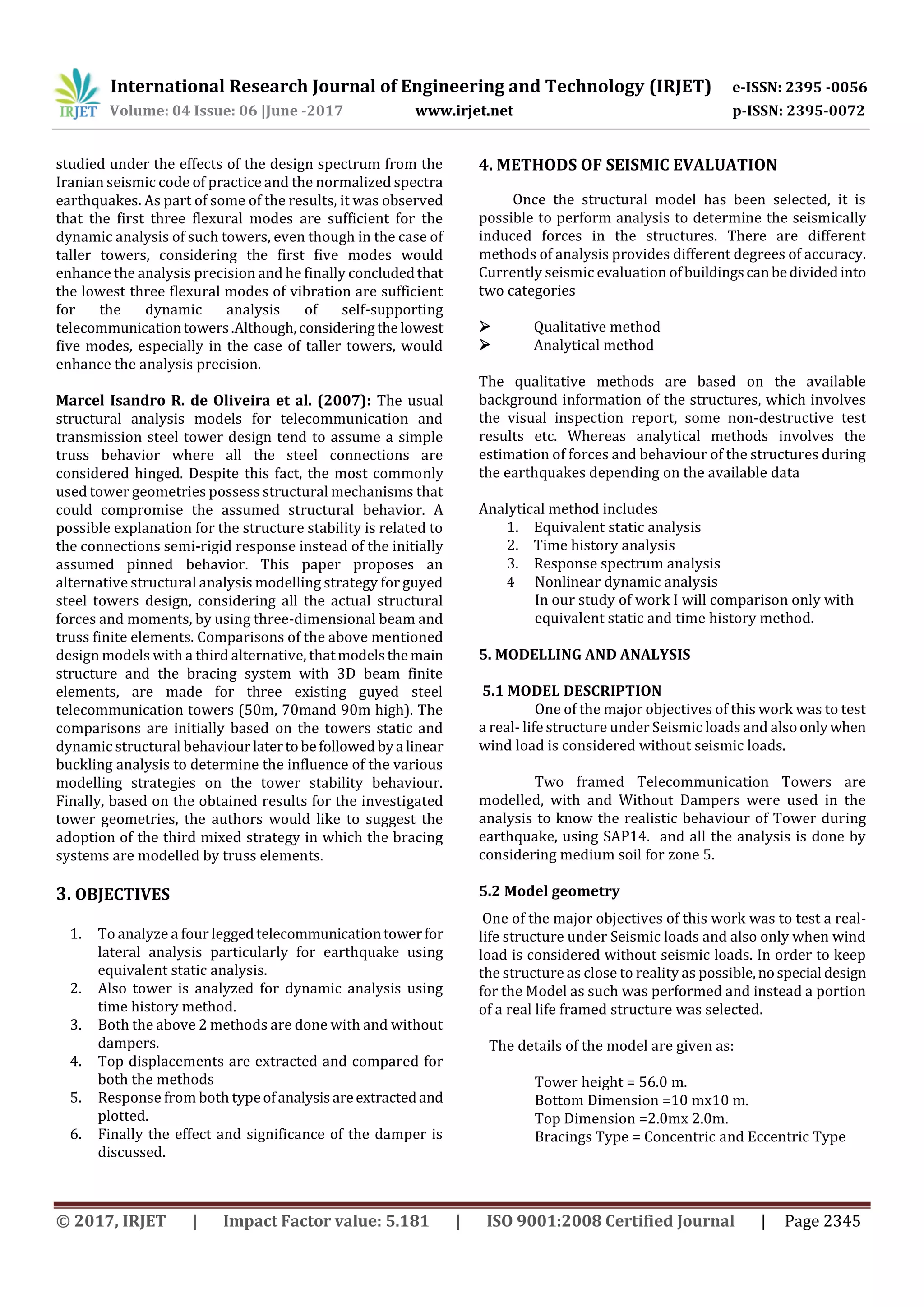 Seismic Analysis of Four Legged Telecommunication Towers using Fluid Viscous Dampers | PDF ...