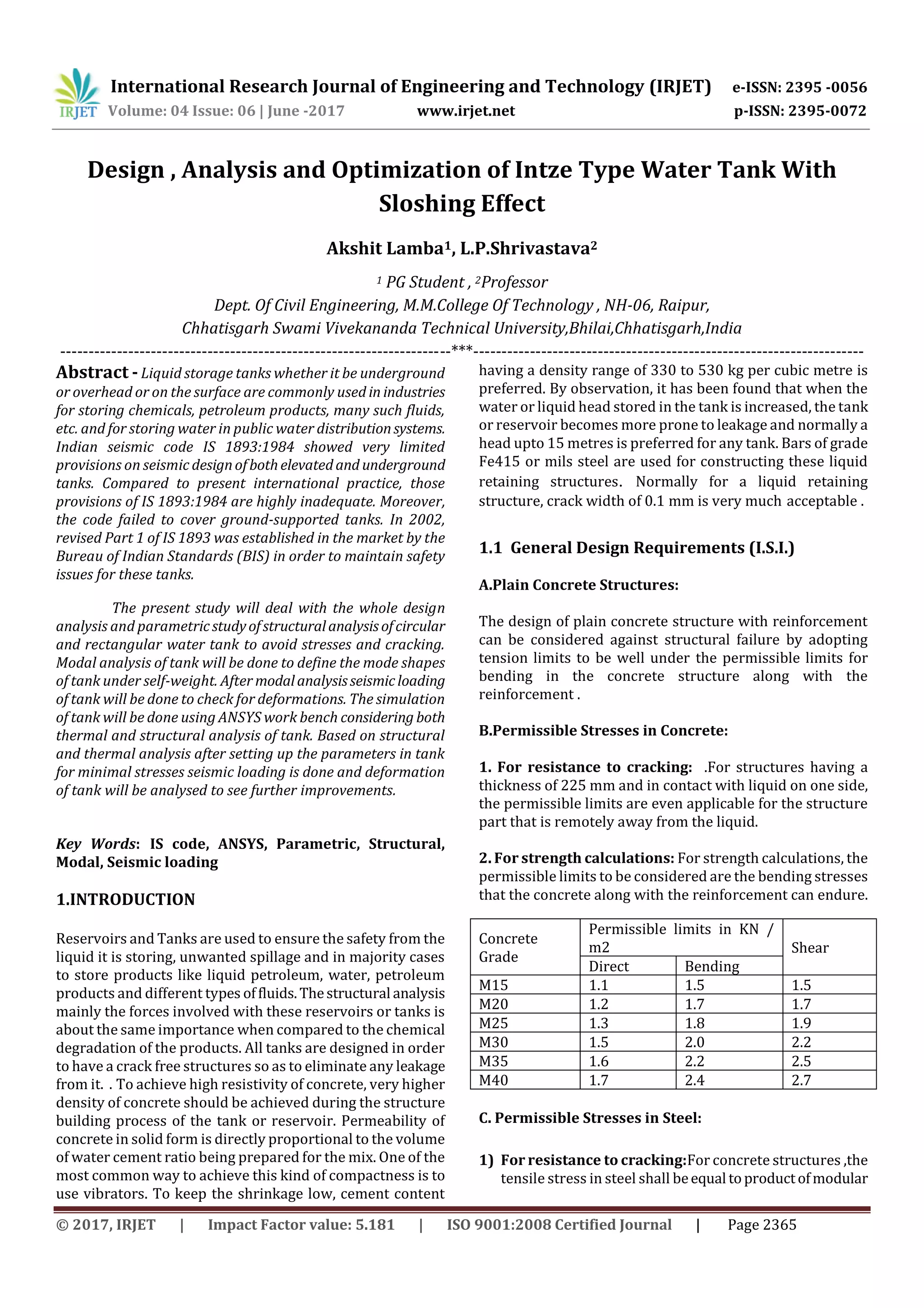 Design , Analysis and Optimization of Intze Type Water Tank With Sloshing Effect | PDF