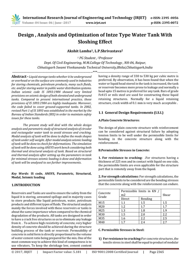 Design , Analysis and Optimization of Intze Type Water Tank With ...