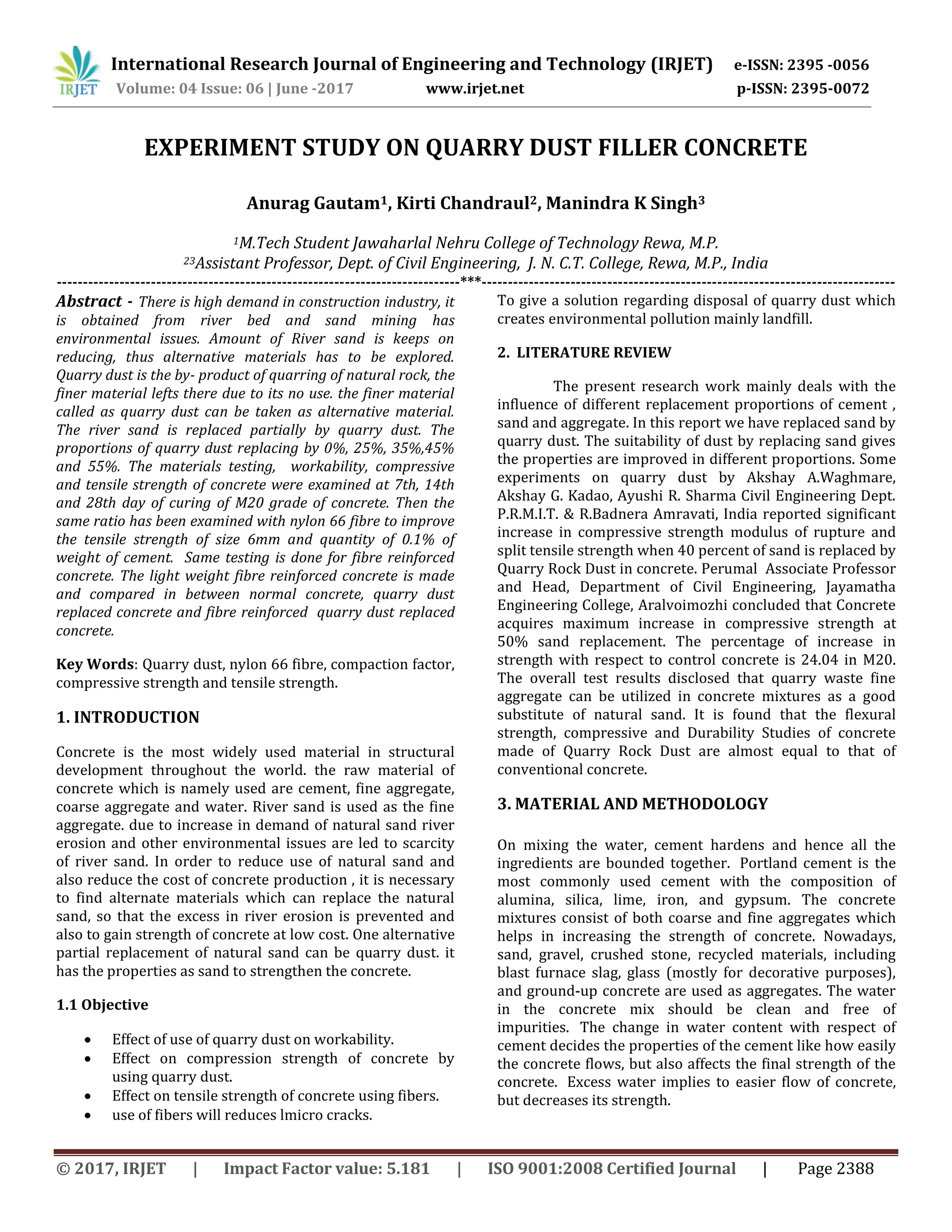 Experiment Study on Quarry Dust Filler Concrete | PDF