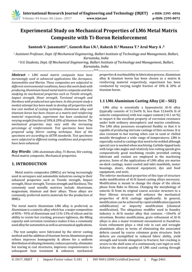 Experimental Study on Mechanical Properties of LM6 Metal Matrix Composite with Ti-Boron ...