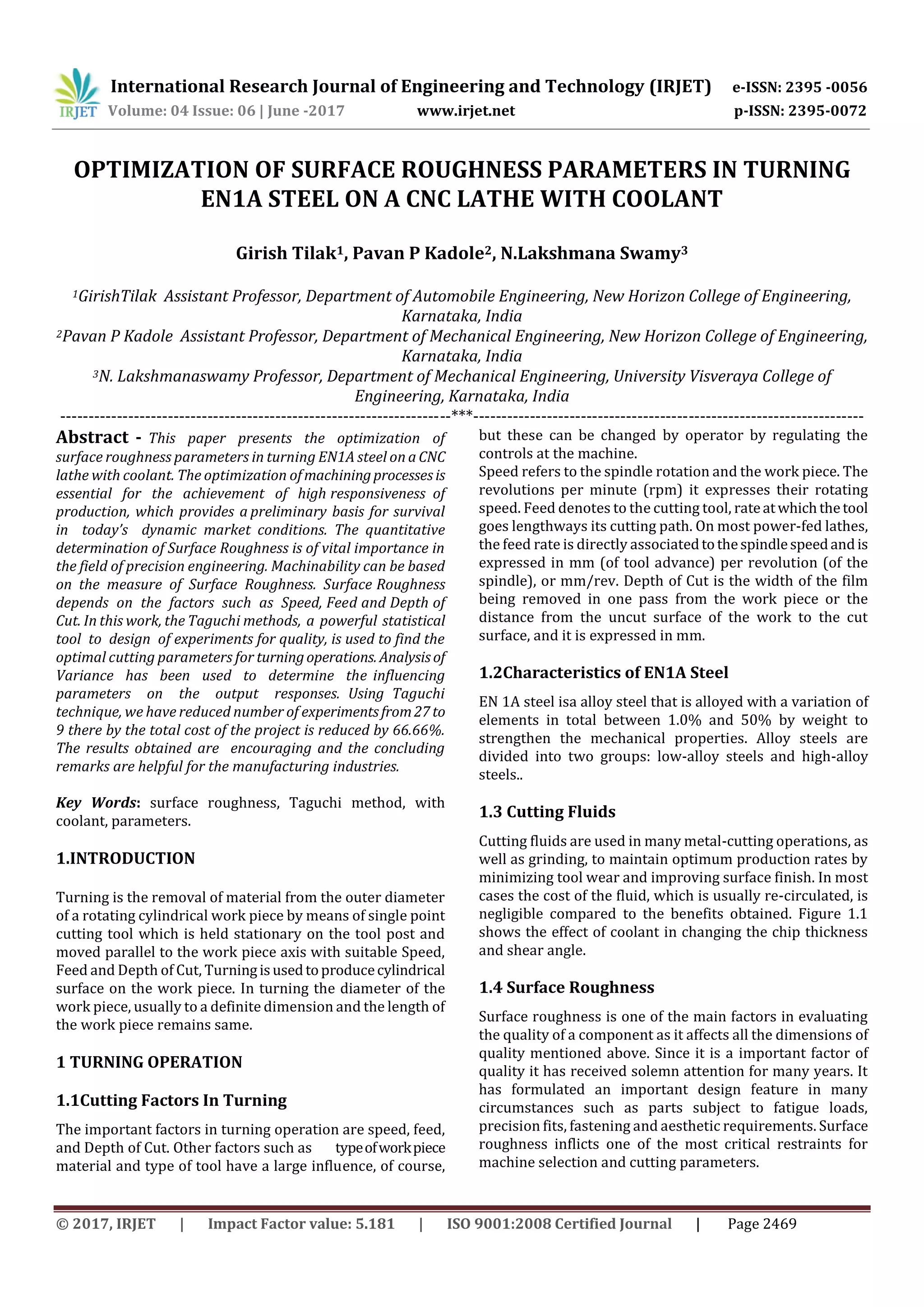 Optimization Of Surface Roughness Parameters In Turning En1a Steel On A Cnc Lathe With Coolant Pdf