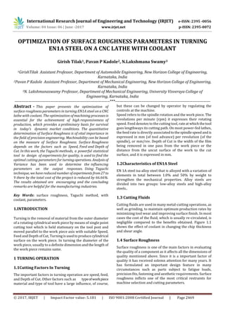 Optimization of Surface Roughness Parameters in Turning EN1A Steel on a CNC Lathe with Coolant | PDF