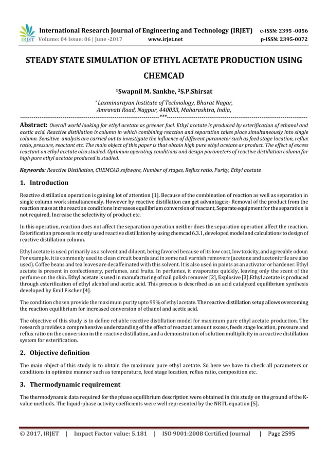 Steady State Simulation of Ethyl Acetate Production using CHEMCAD | PDF