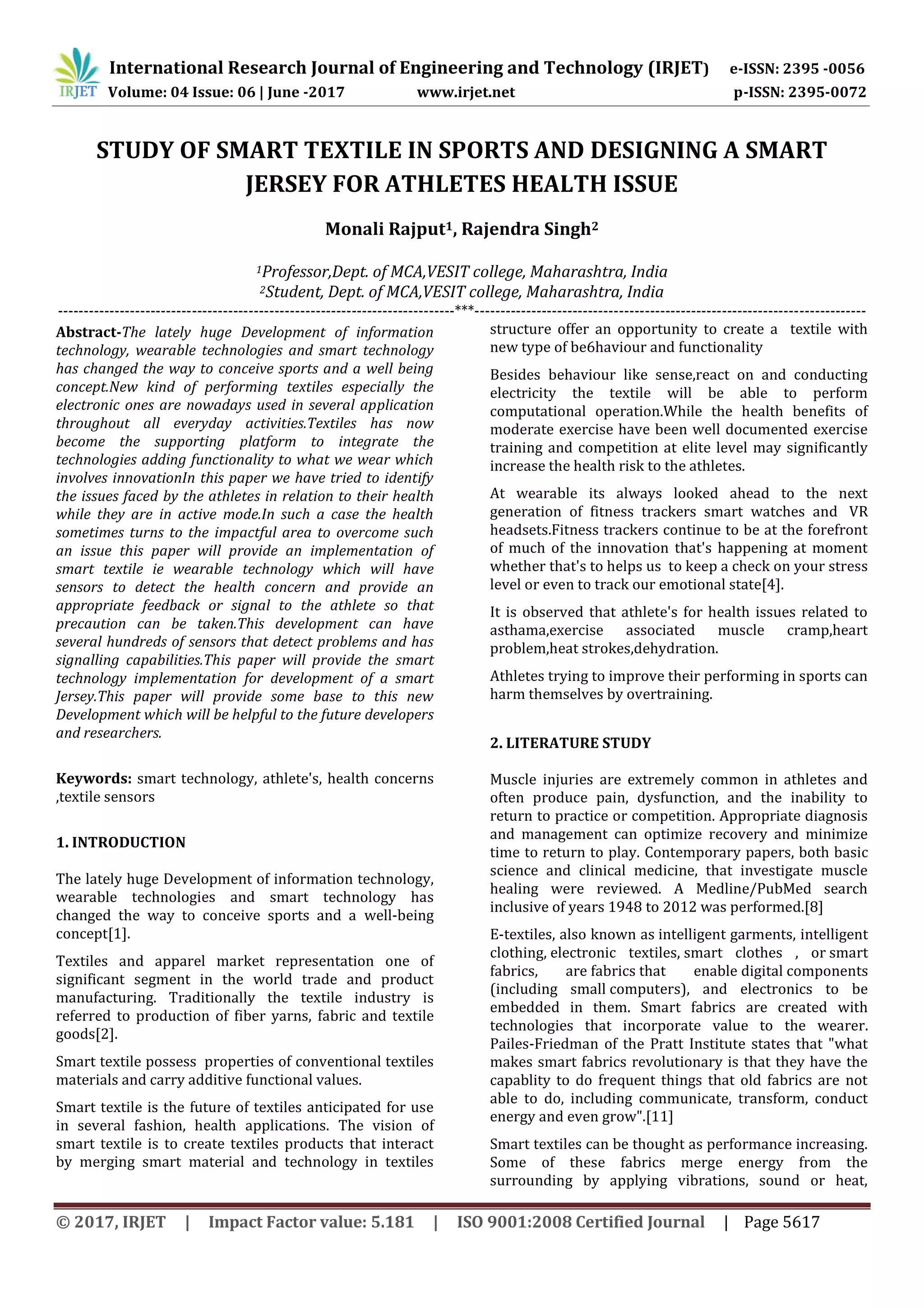 Study of Smart Textile in Sports and Designing a Smart Jersey for ...