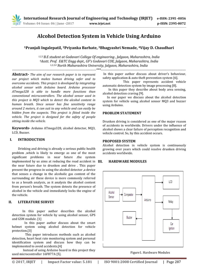 Alcohol Detection System In Vehicle Using Arduino Pdf
