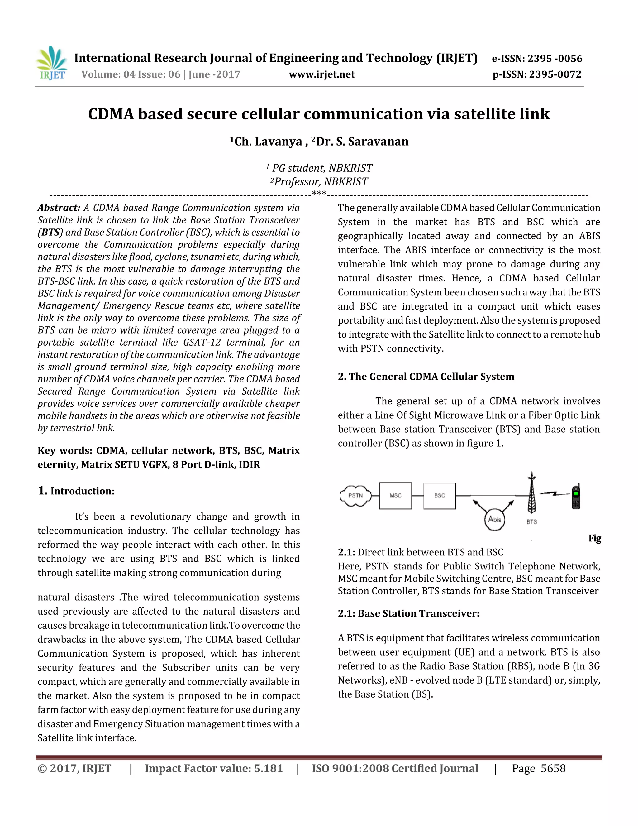 CDMA Based Secure Cellular Communication via Satellite Link | PDF