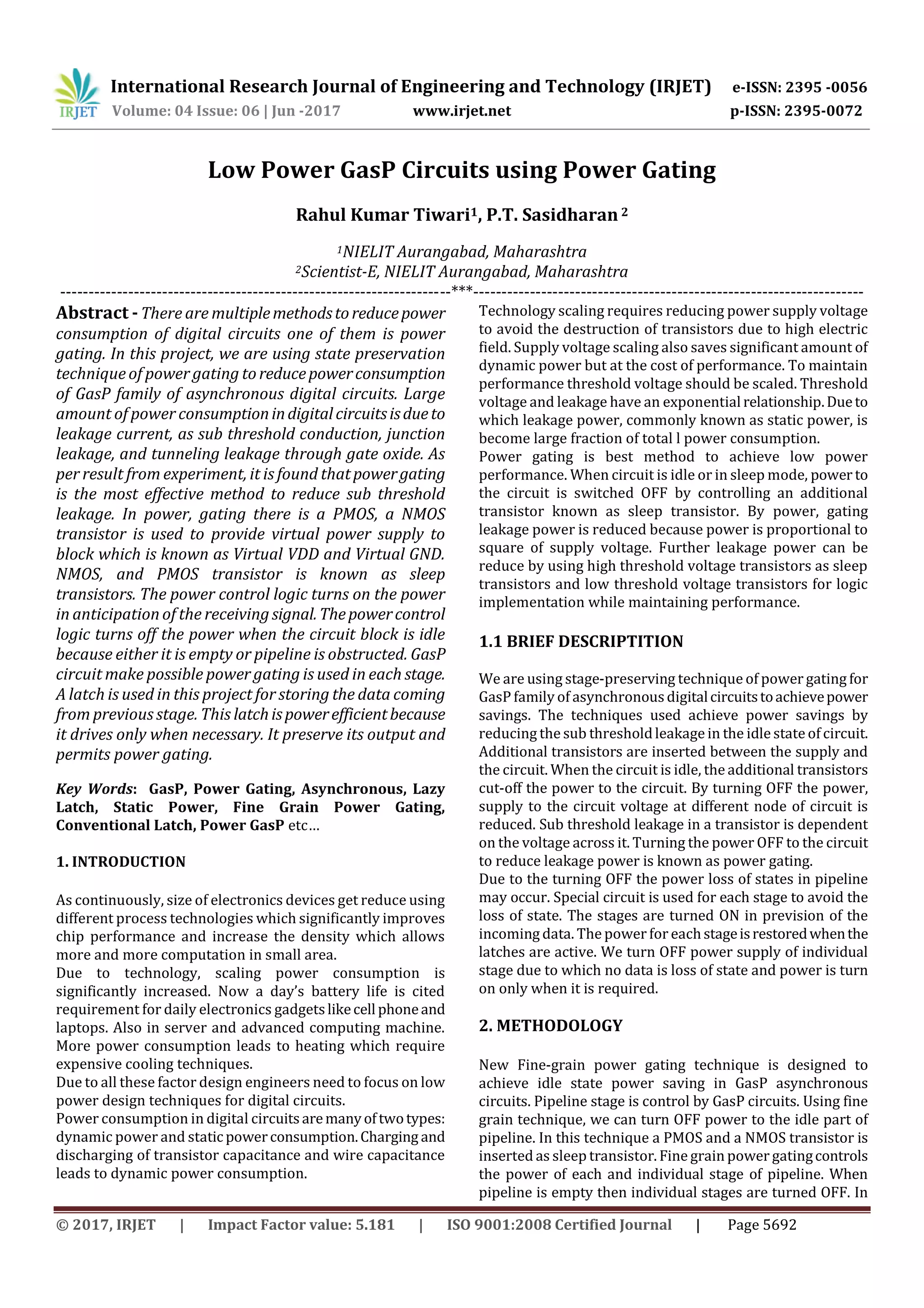 Low Power Gasp Circuits using Power Gating | PDF
