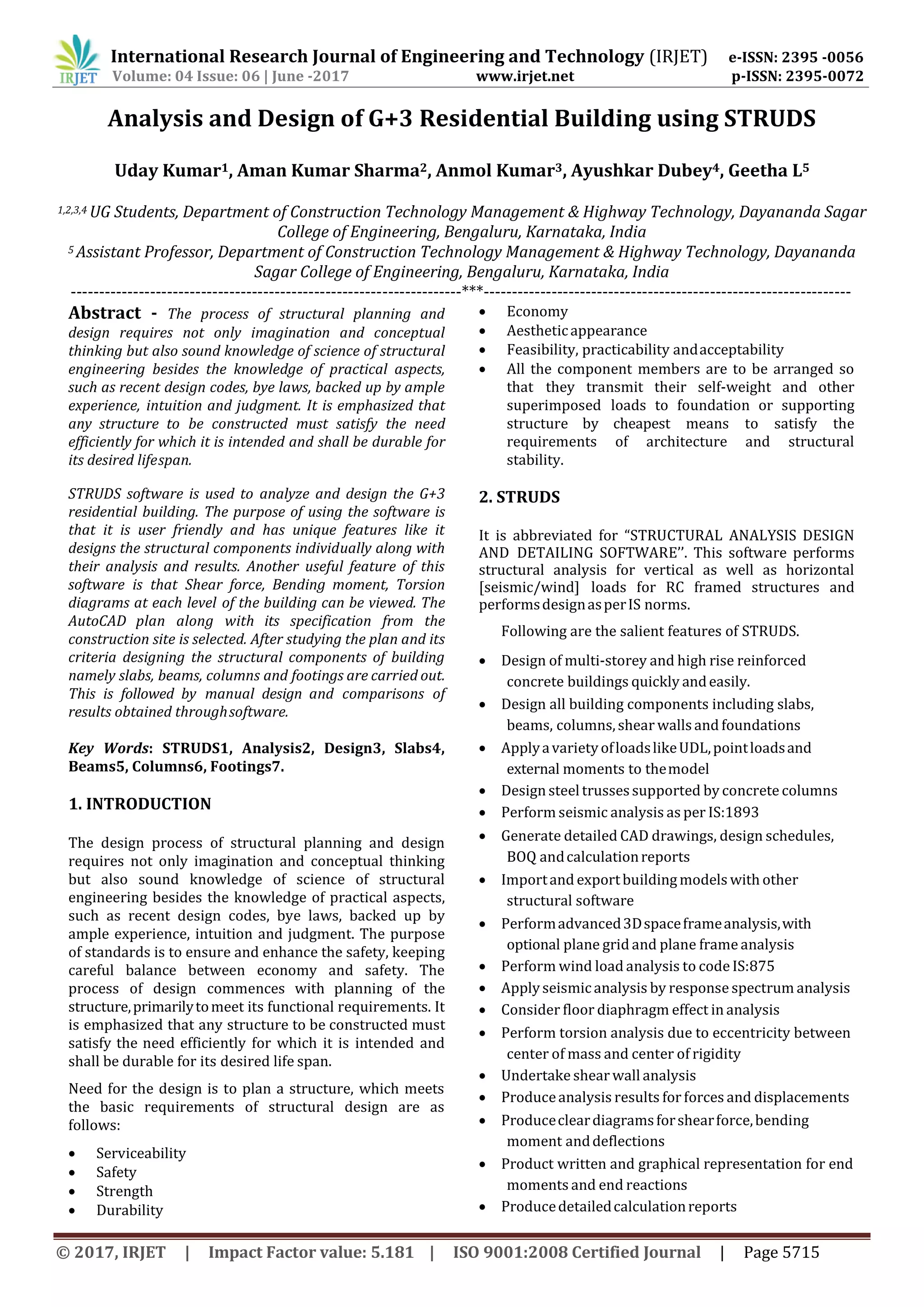 Analysis and Design of G+3 Residential Building using STRUDS | PDF