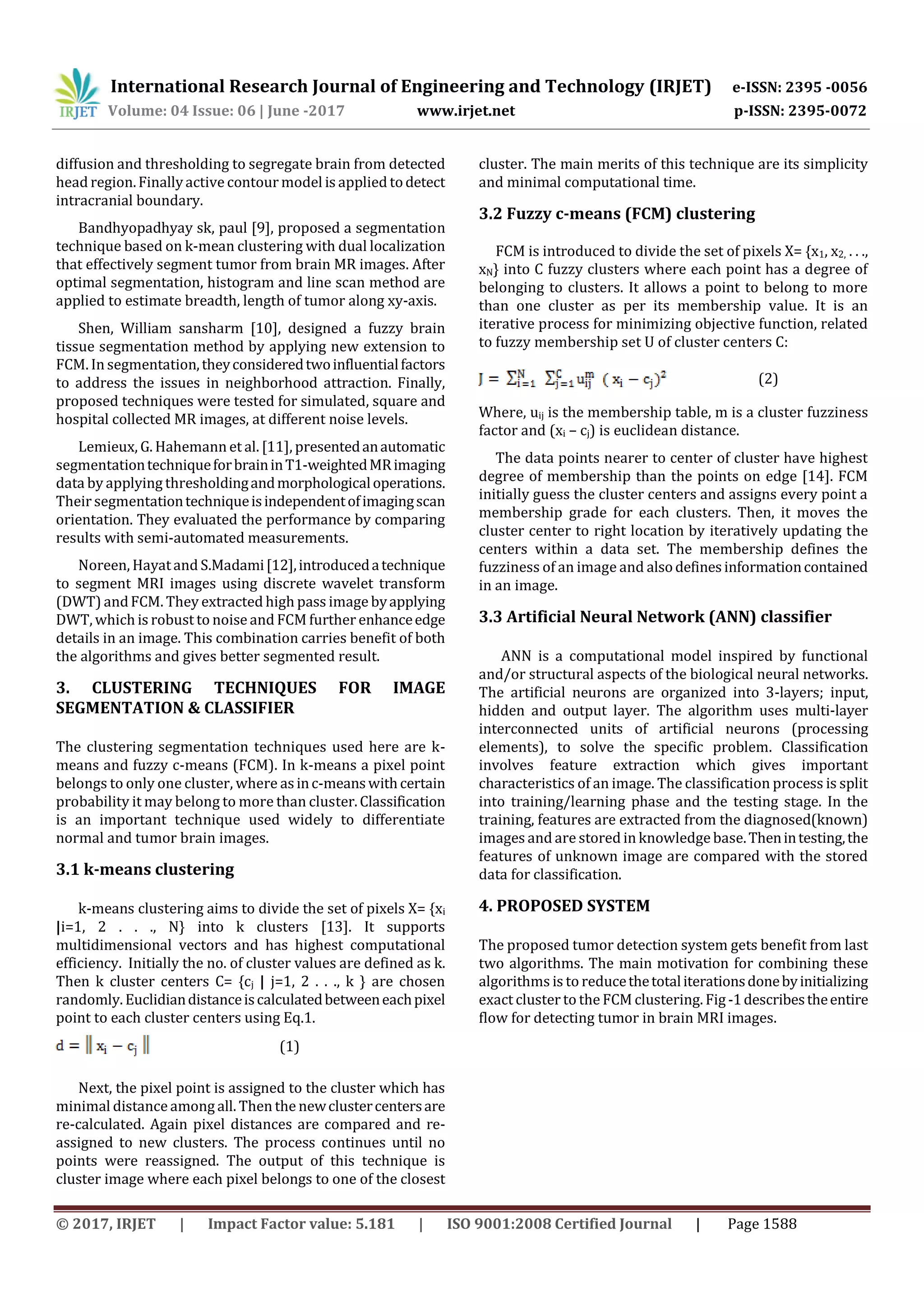 Brain Tumor Detection using Clustering Algorithms in MRI Images | PDF