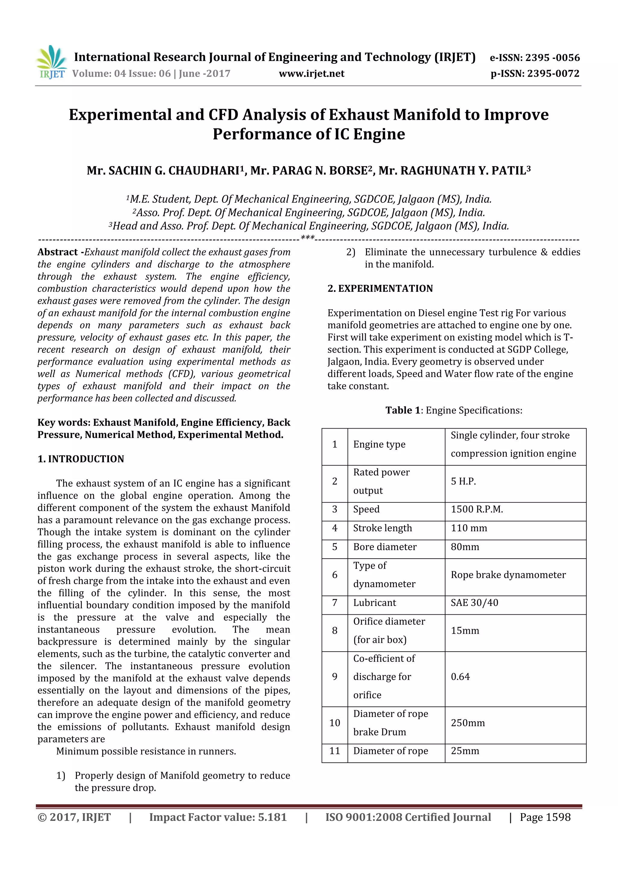 Experimental and CFD Analysis of Exhaust Manifold to Improve Performance of IC Engine | PDF