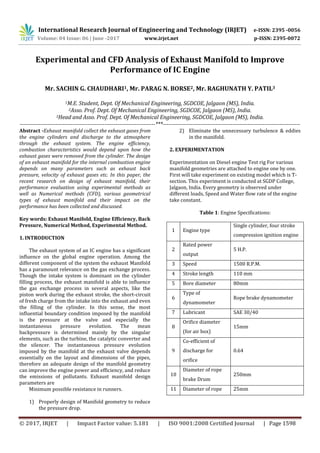 Experimental and CFD Analysis of Exhaust Manifold to Improve Performance of IC Engine | PDF