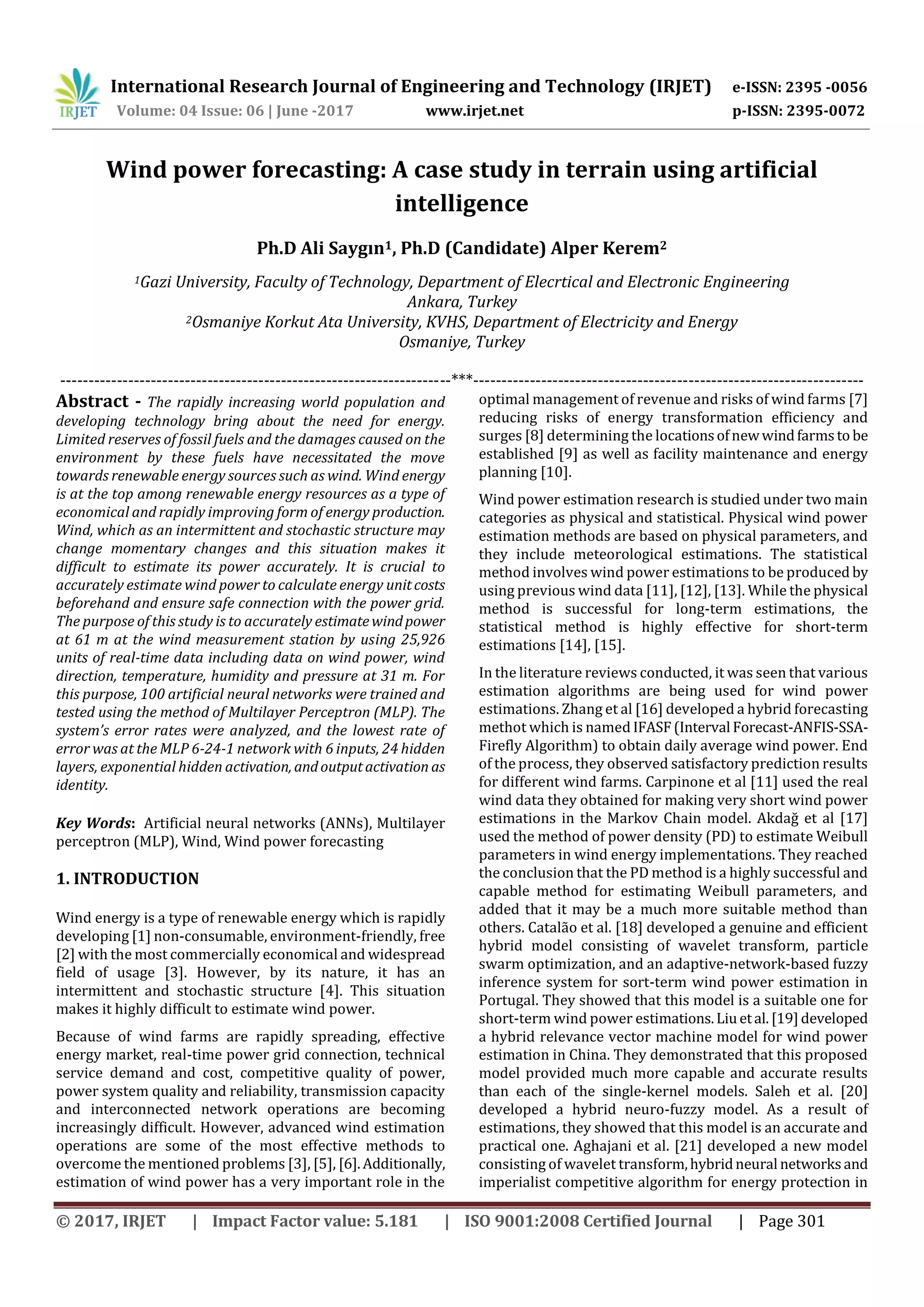 Wind power forecasting: A Case Study in Terrain using Artificial Intelligence | PDF