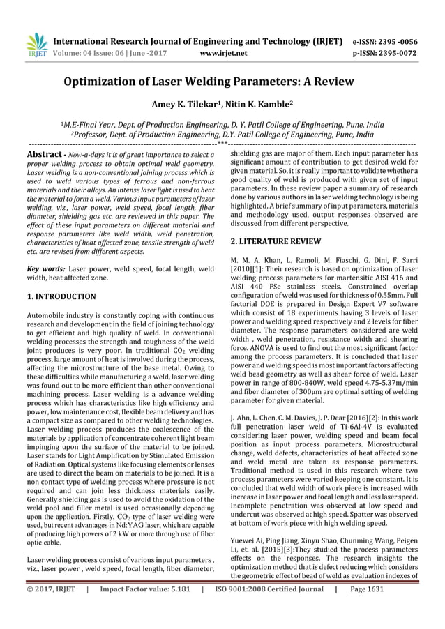 Optimization of Laser Welding Parameters: A Review | PDF
