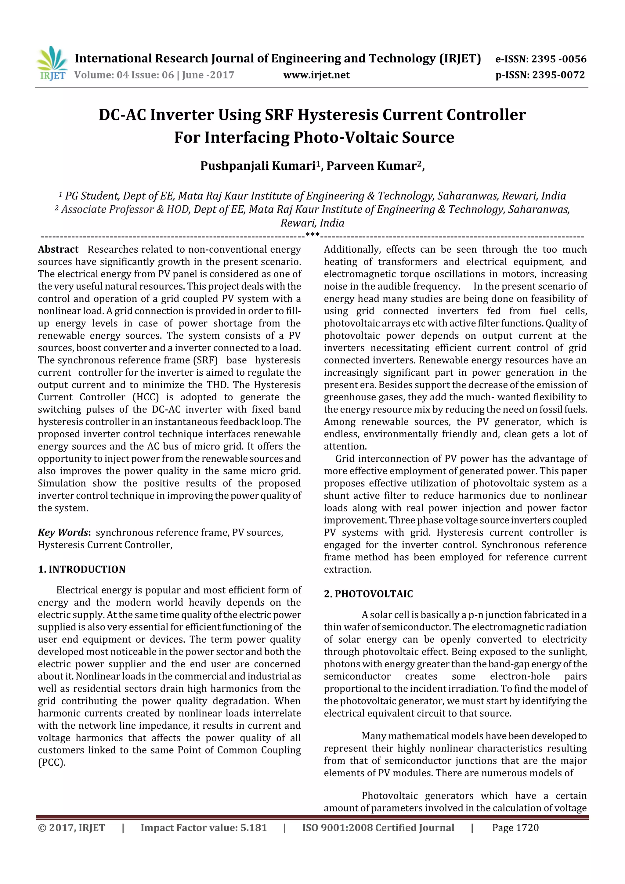 DC-AC Inverter using SRF Hysteresis Current Controller for Interfacing Photo-Voltaic Source | PDF