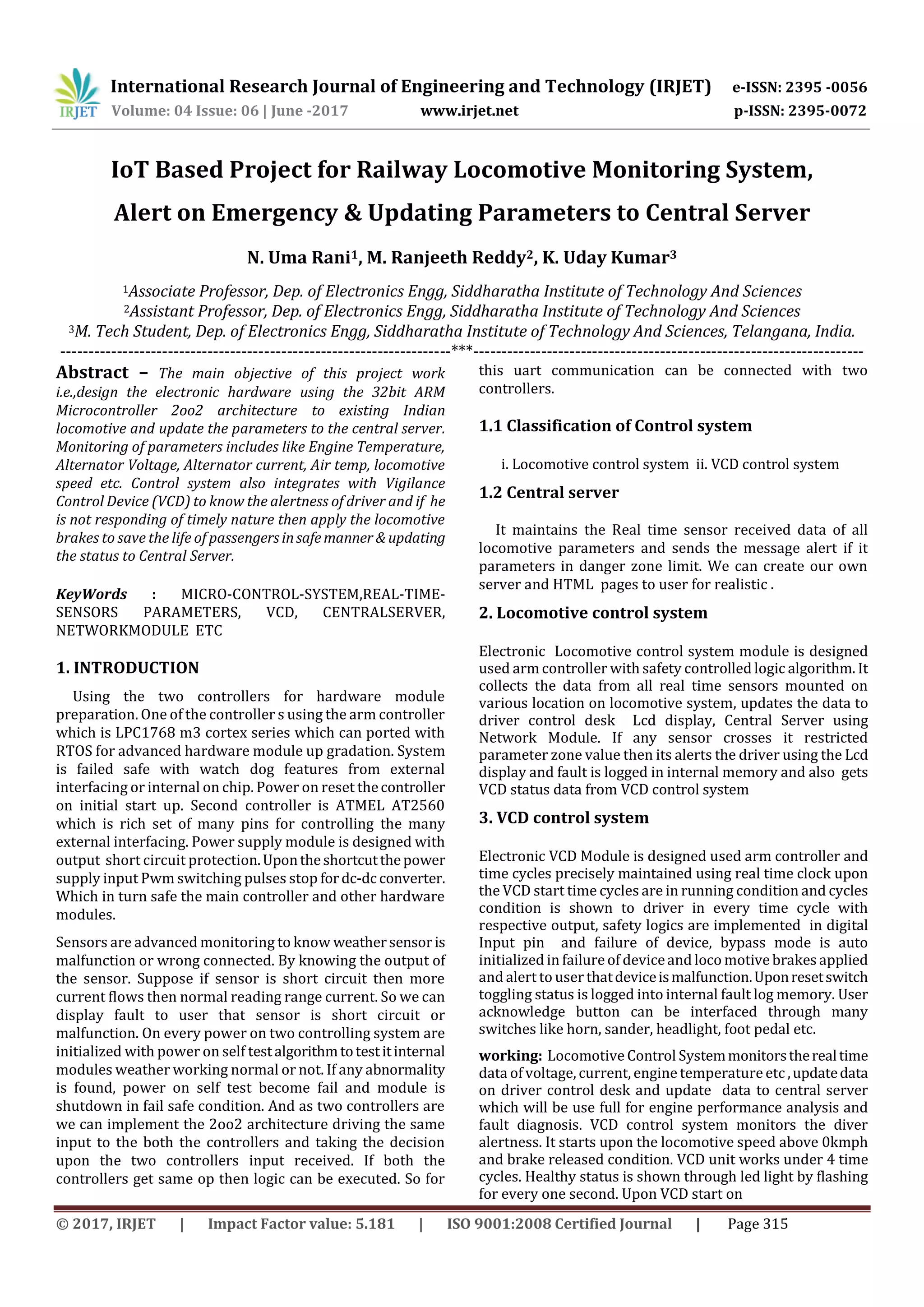 IoT Based Project for Railway Locomotive Monitoring System, Alert on Emergency & Updating ...