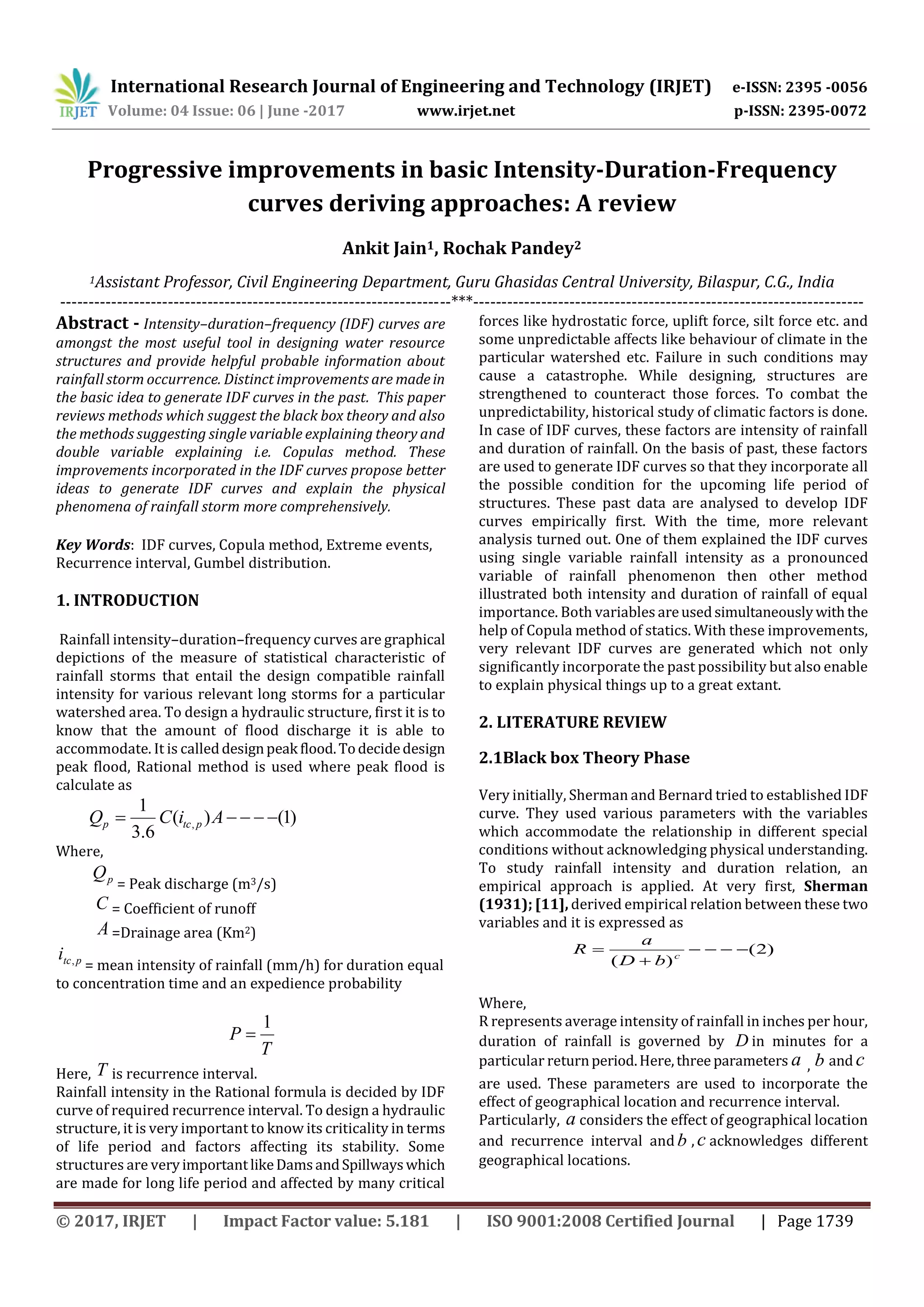 Progressive Improvements in basic Intensity-Duration-Frequency Curves ...