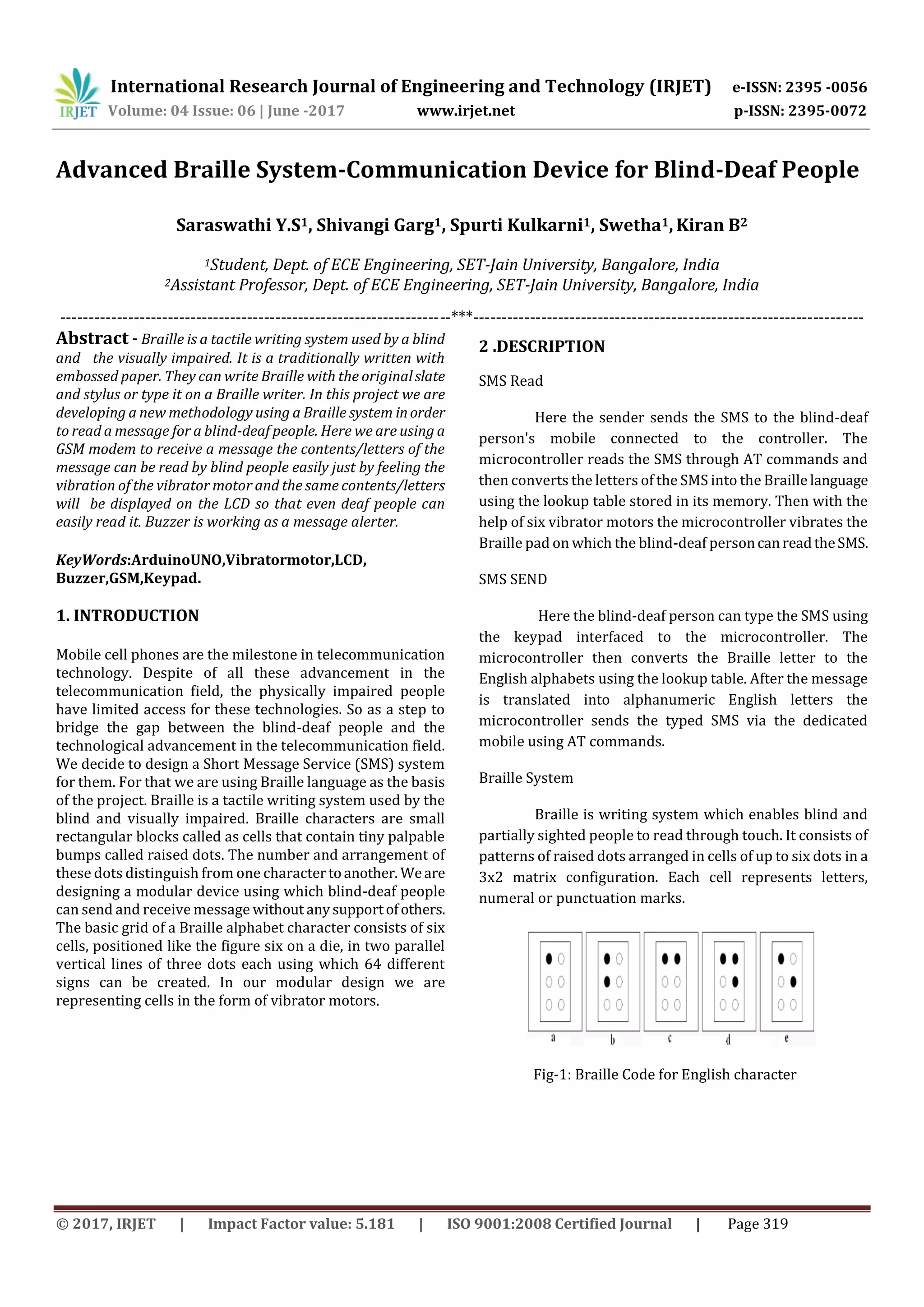 Advanced Braille System-Communication Device for Blind-Deaf People | PDF