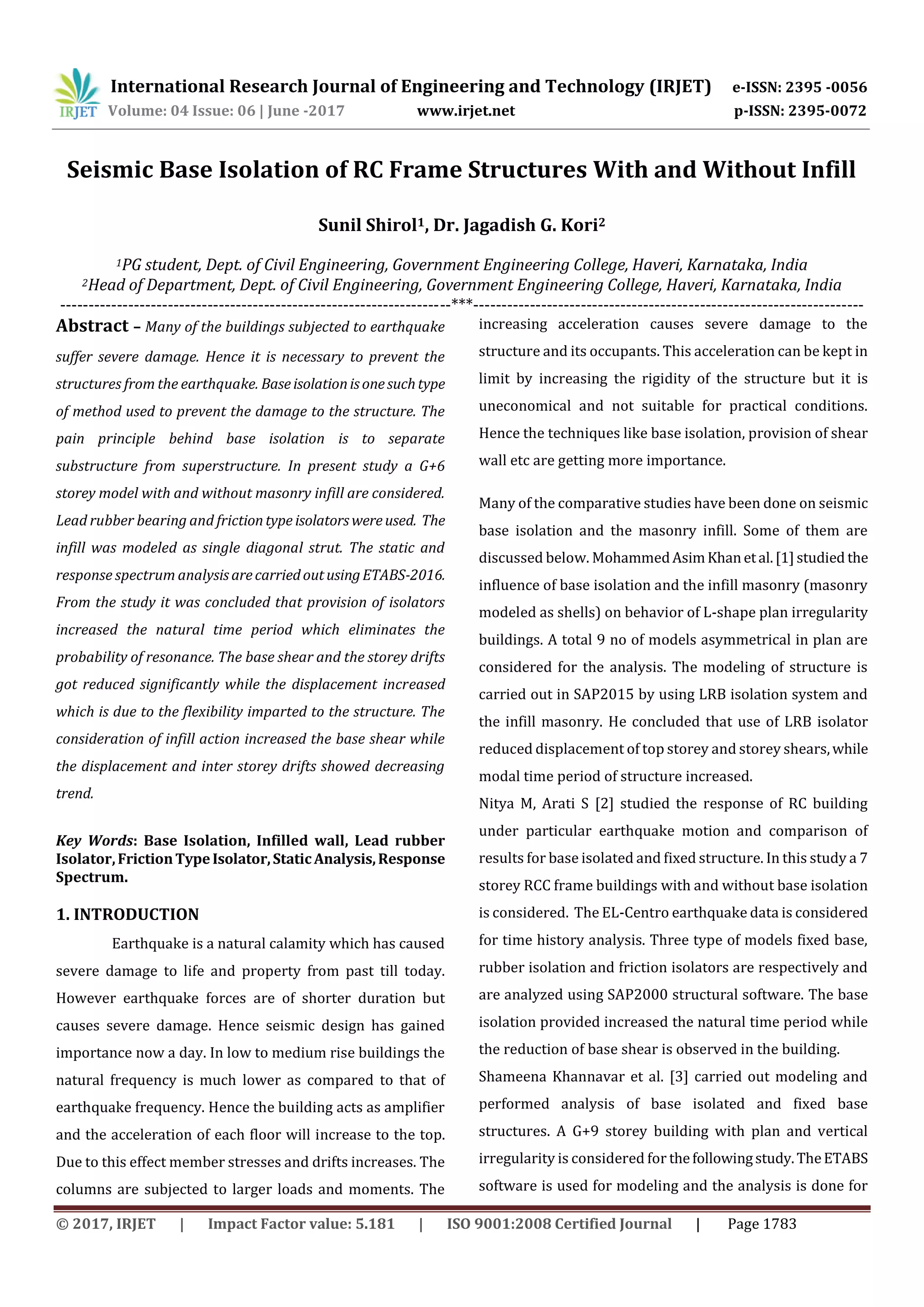 Seismic Base Isolation of RC Frame Structures with and Without Infill | PDF