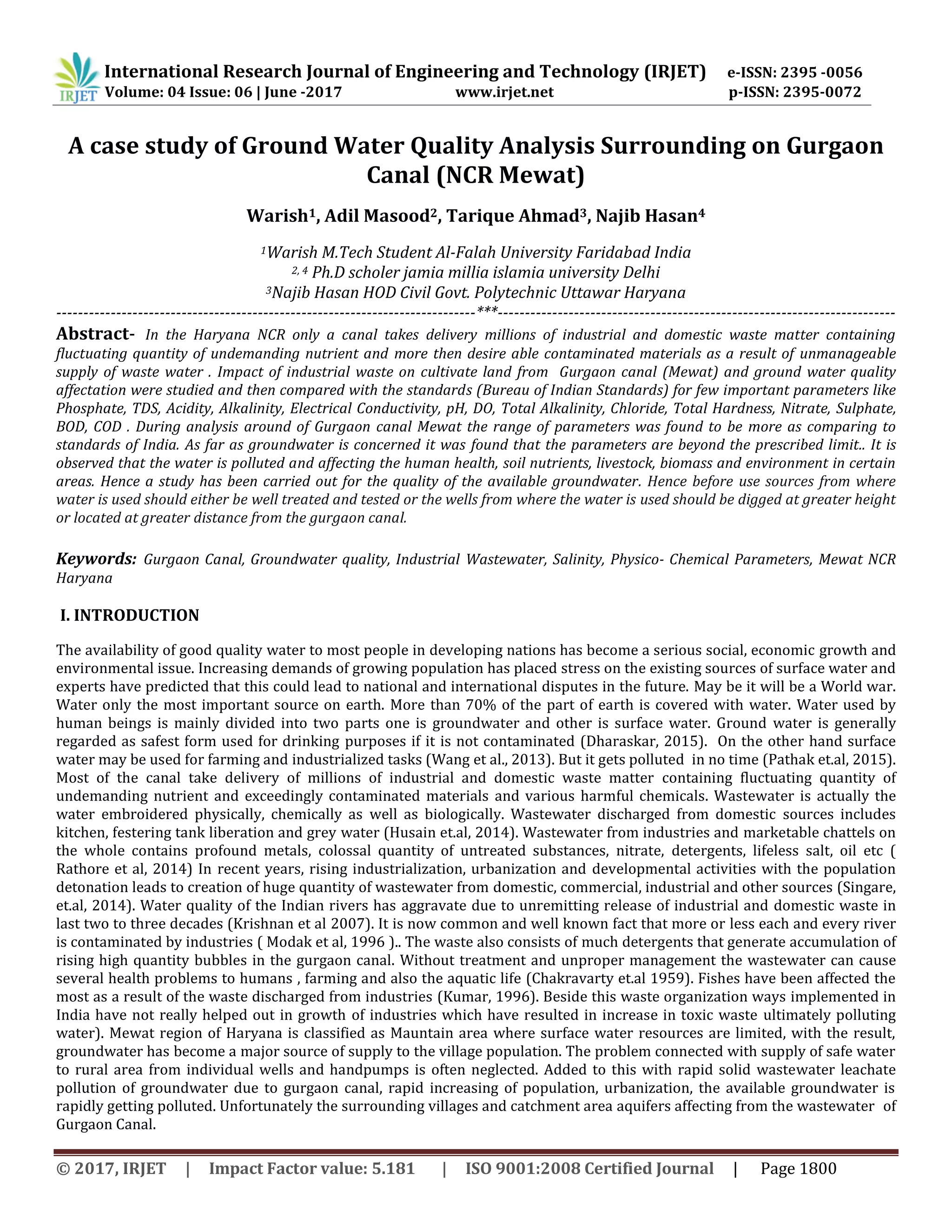 A Case Study of Ground Water Quality Analysis Surrounding on Gurgaon ...