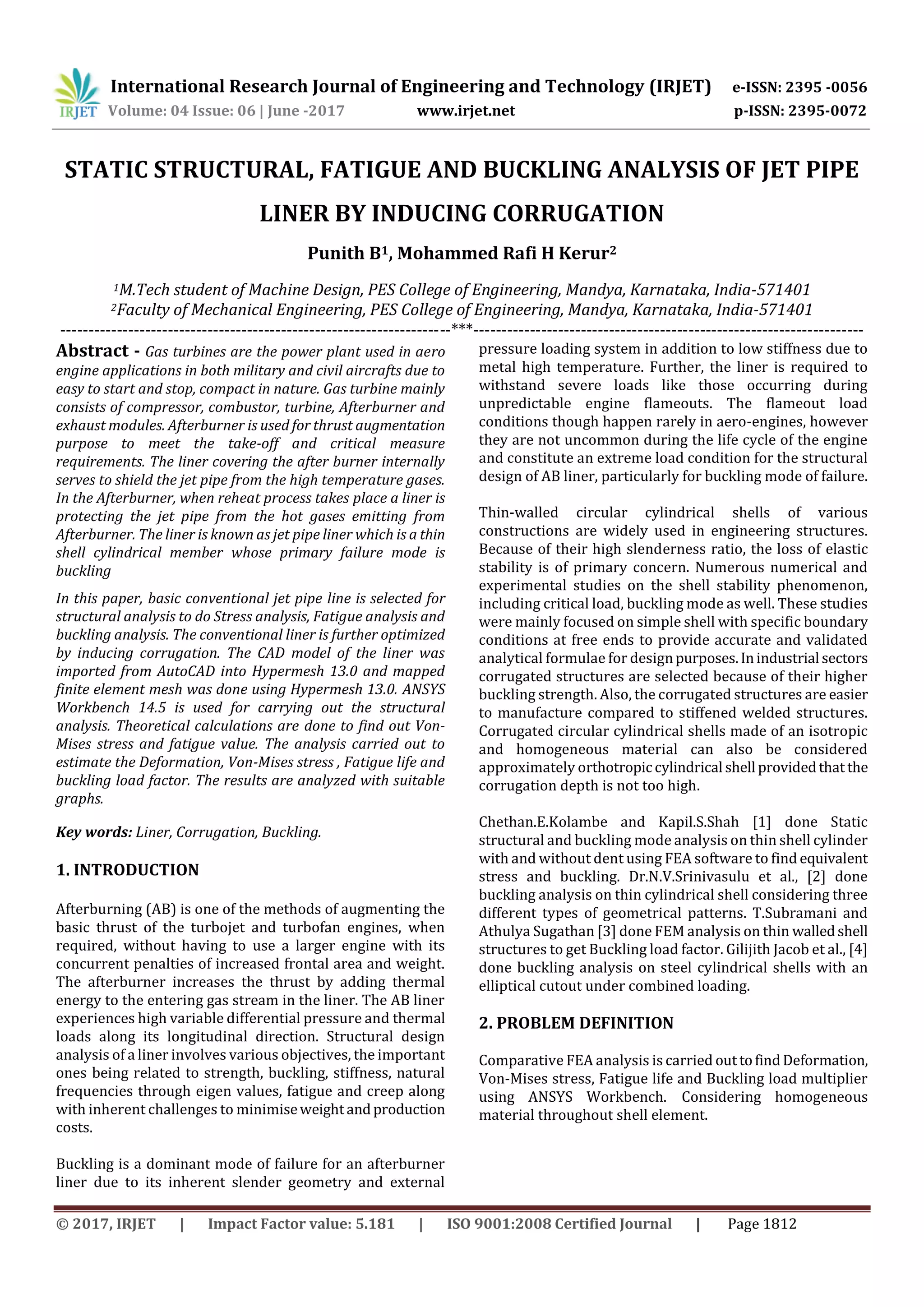 Static Structural, Fatigue and Buckling Analysis of Jet Pipe Liner by ...
