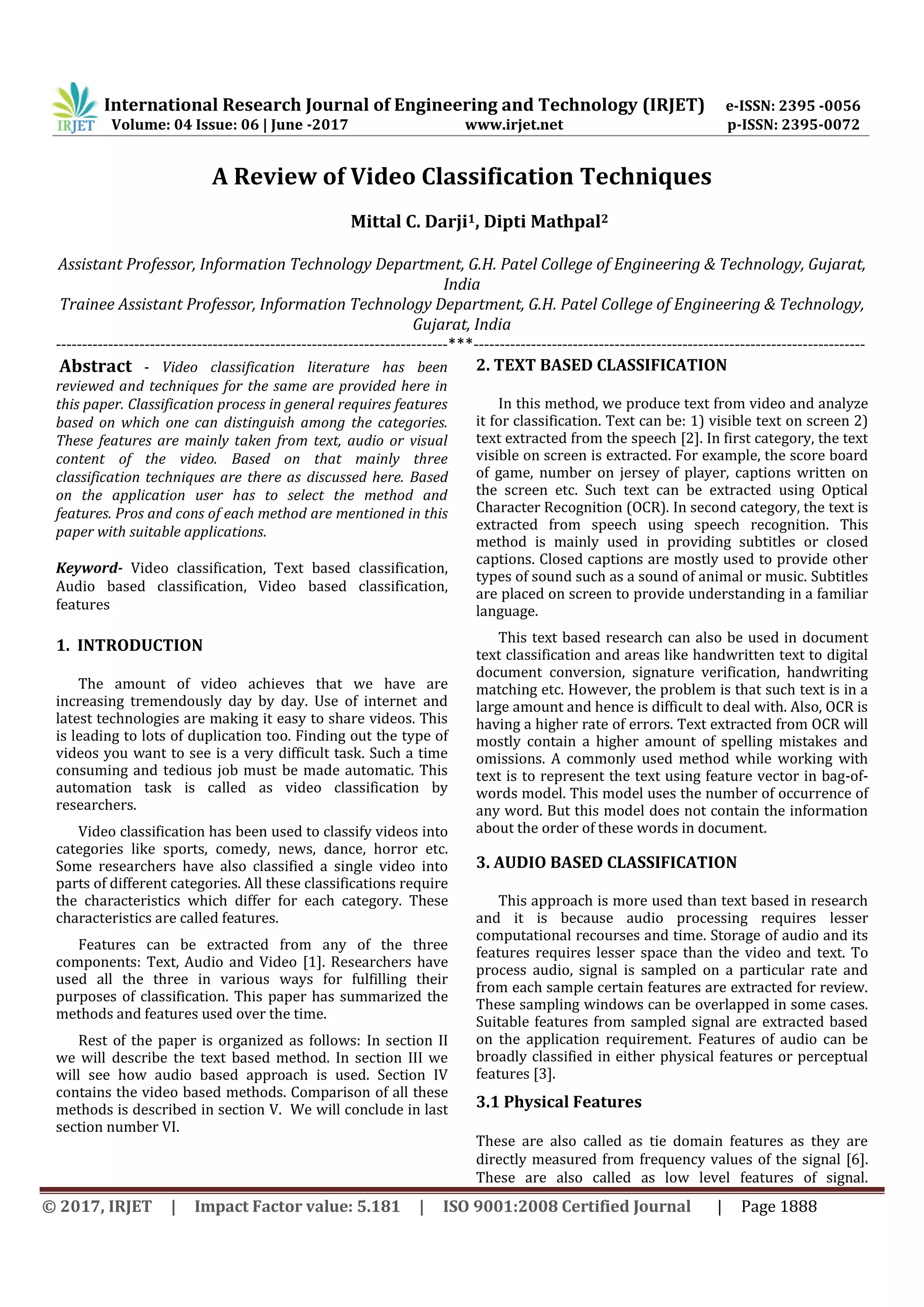A Review of Video Classification Techniques | PDF