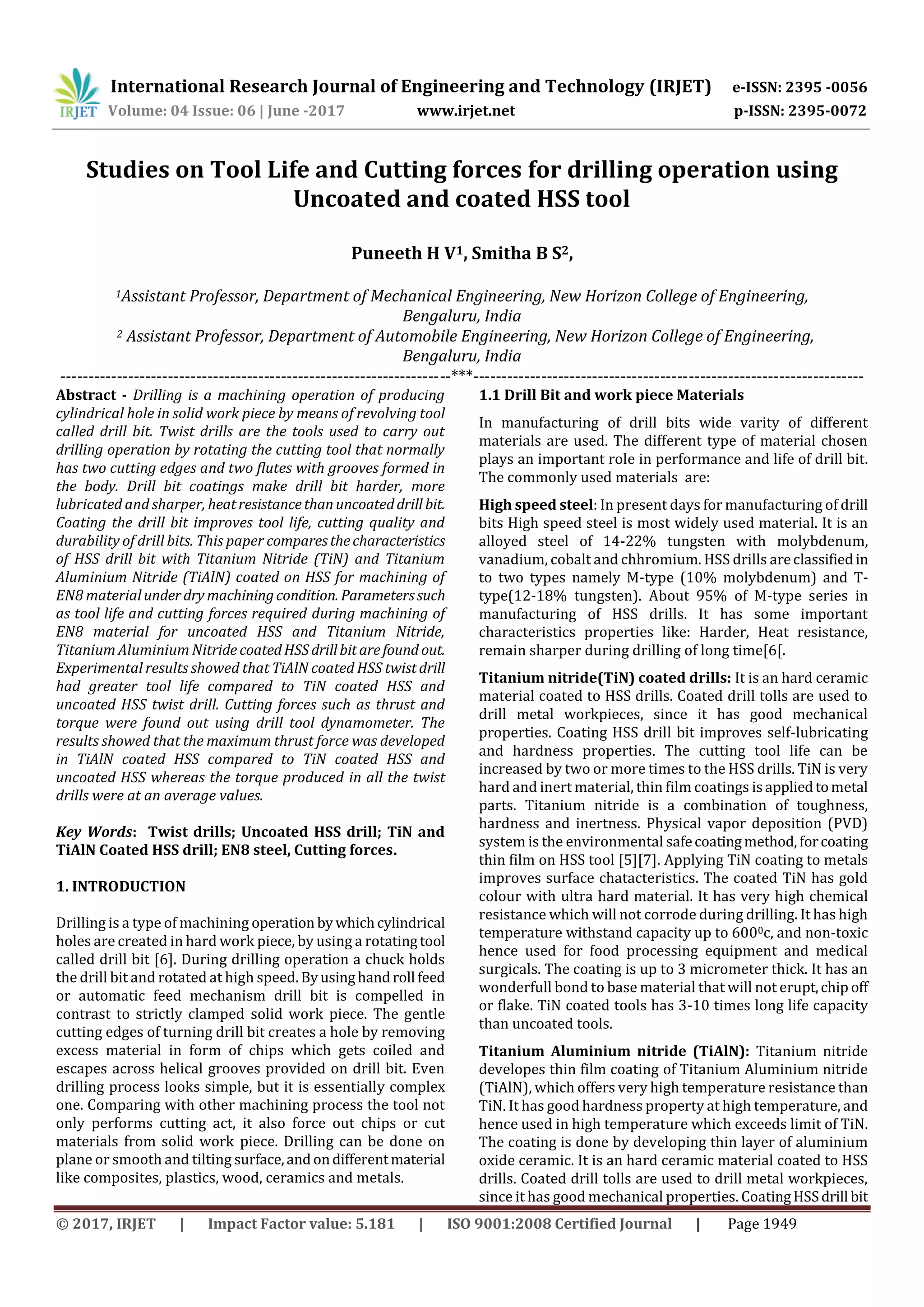 Studies on Tool Life and Cutting Forces for Drilling Operation using Uncoated and Coated HSS ...