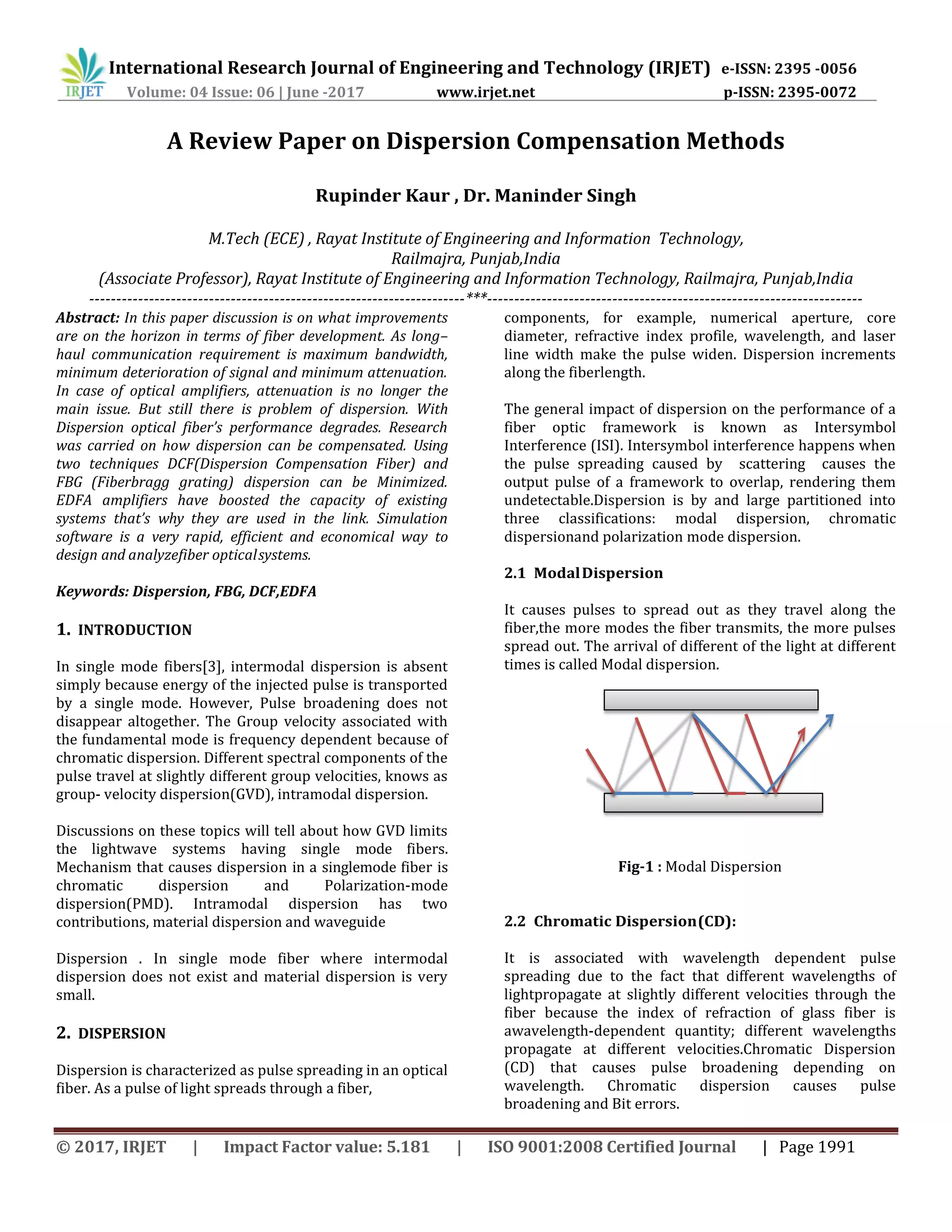 A Review Paper on Dispersion Compensation Methods | PDF