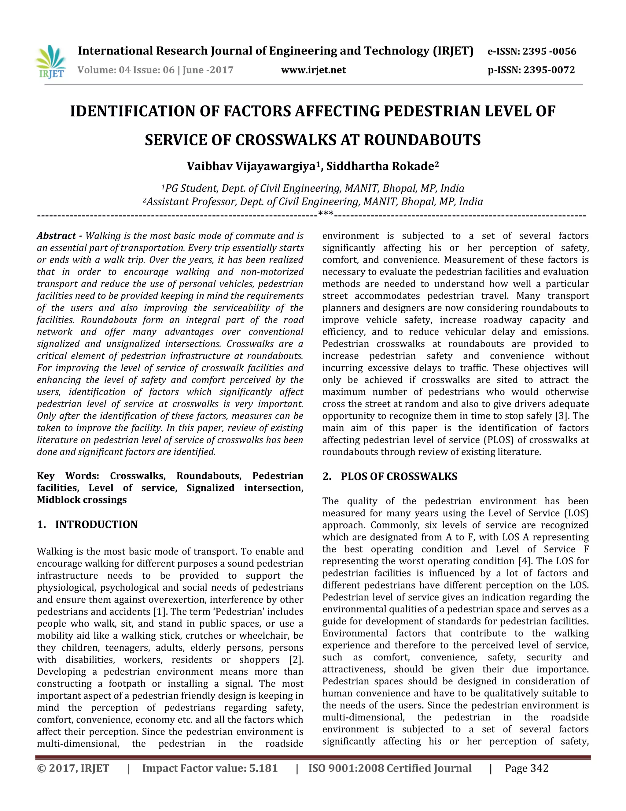 Identification of Factors Affecting Pedestrian Level of Service of Crosswalks at Roundabouts | PDF